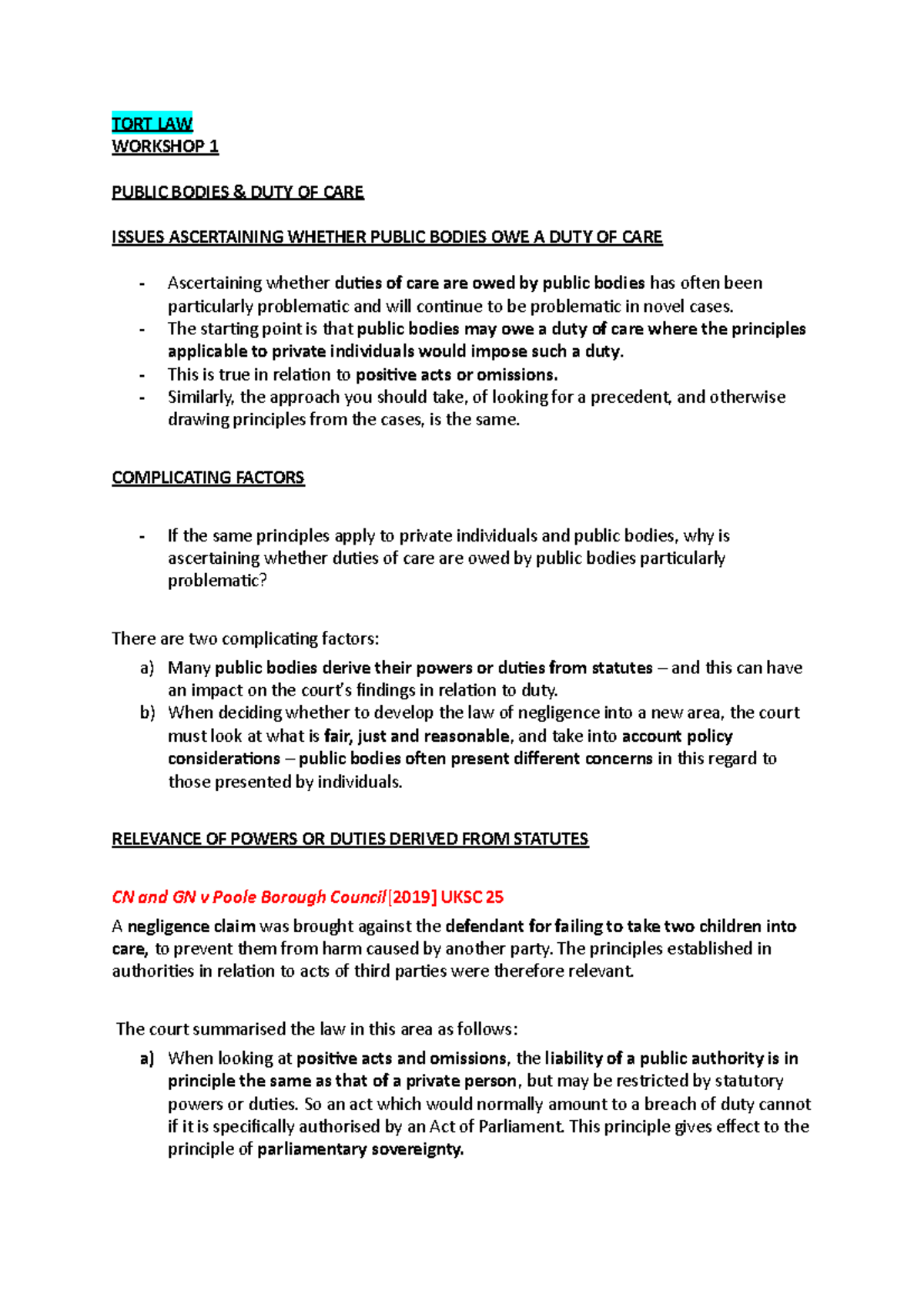 Public Bodies & DUTY OF CARE - TORT LAW WORKSHOP 1 PUBLIC BODIES & DUTY ...