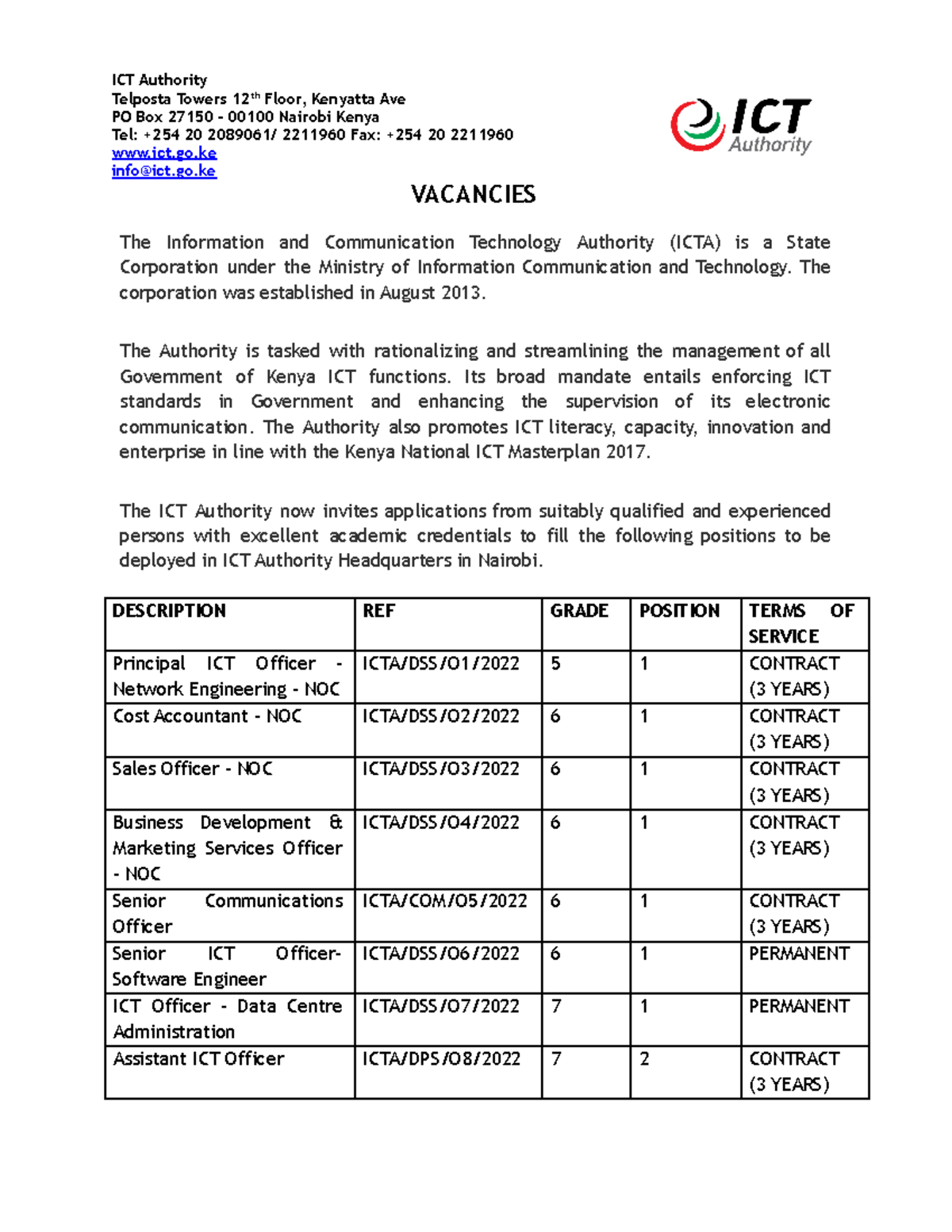 ICTA Advert Job Descriptions - ICT Authority Telposta Towers 12thFloor ...