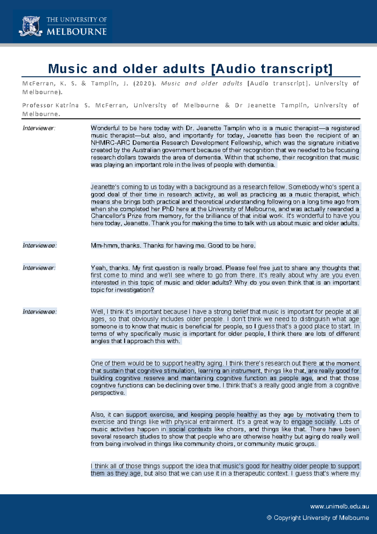 MUSI2014 9 Music and older adults - Podcast transcript - MUSI20149 ...