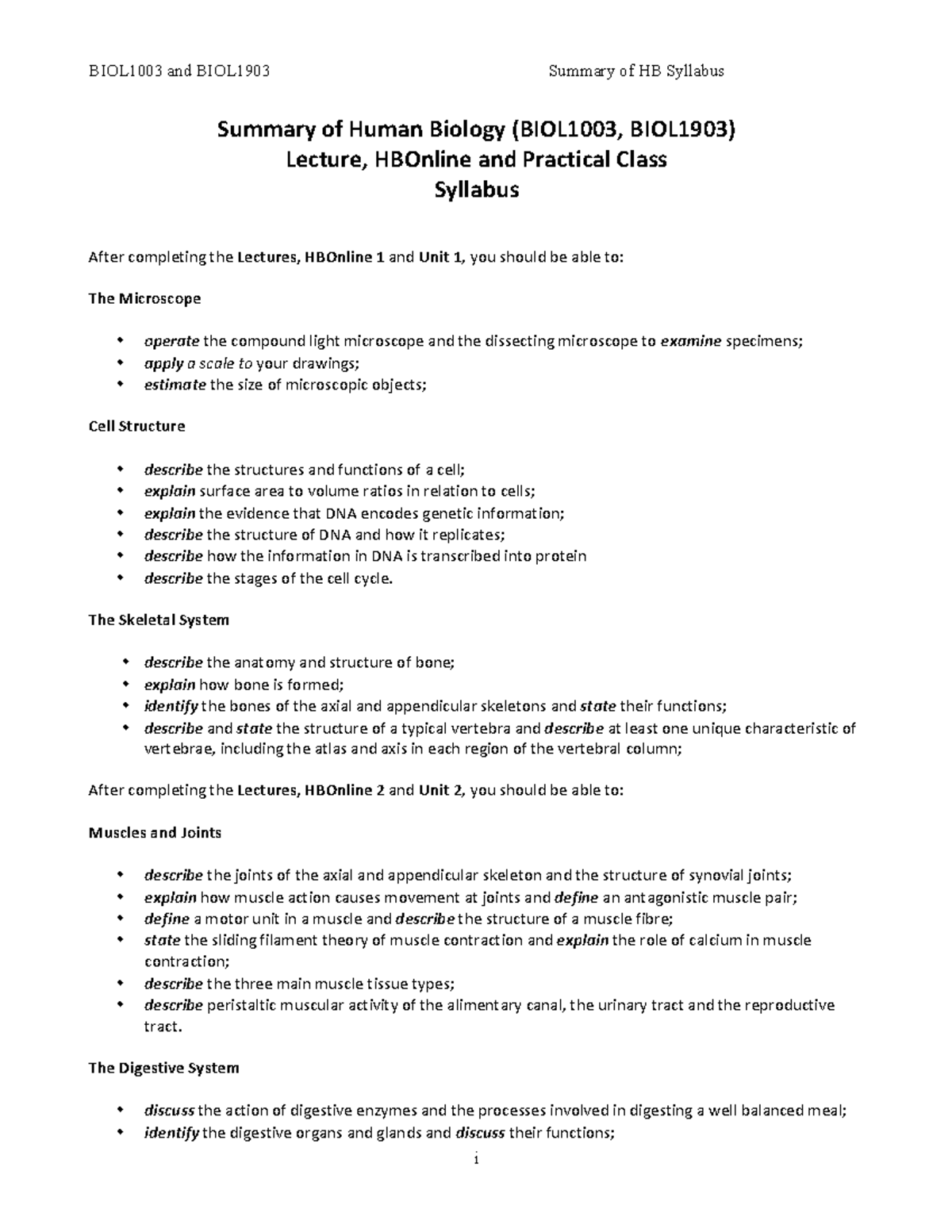 HB Syllabus 2016 v2 - Summary Human Biology - BIOL1003 and BIOL1903 ...