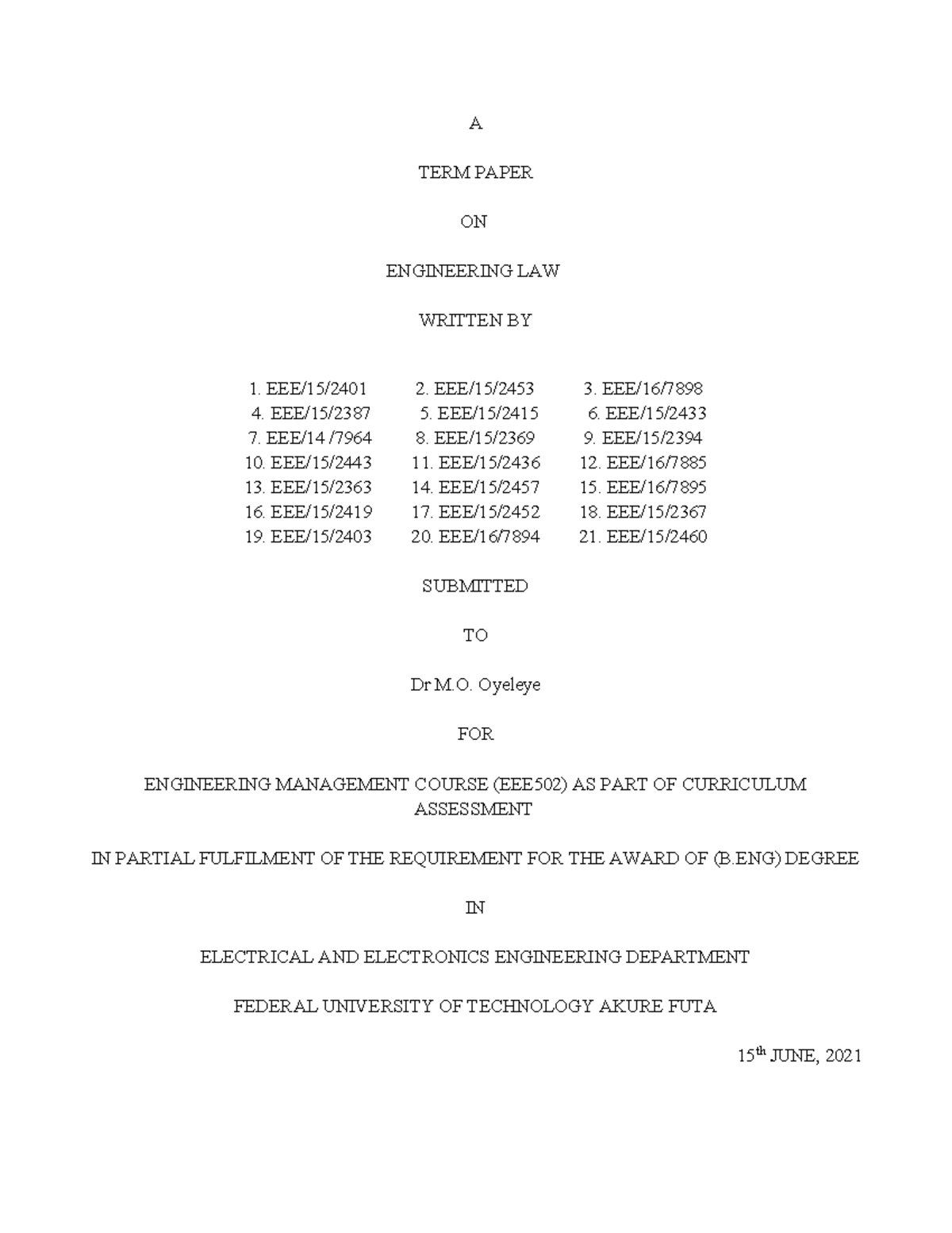 Engineering Law - EEE 502 (Final Version) - A TERM PAPER ON ENGINEERING ...