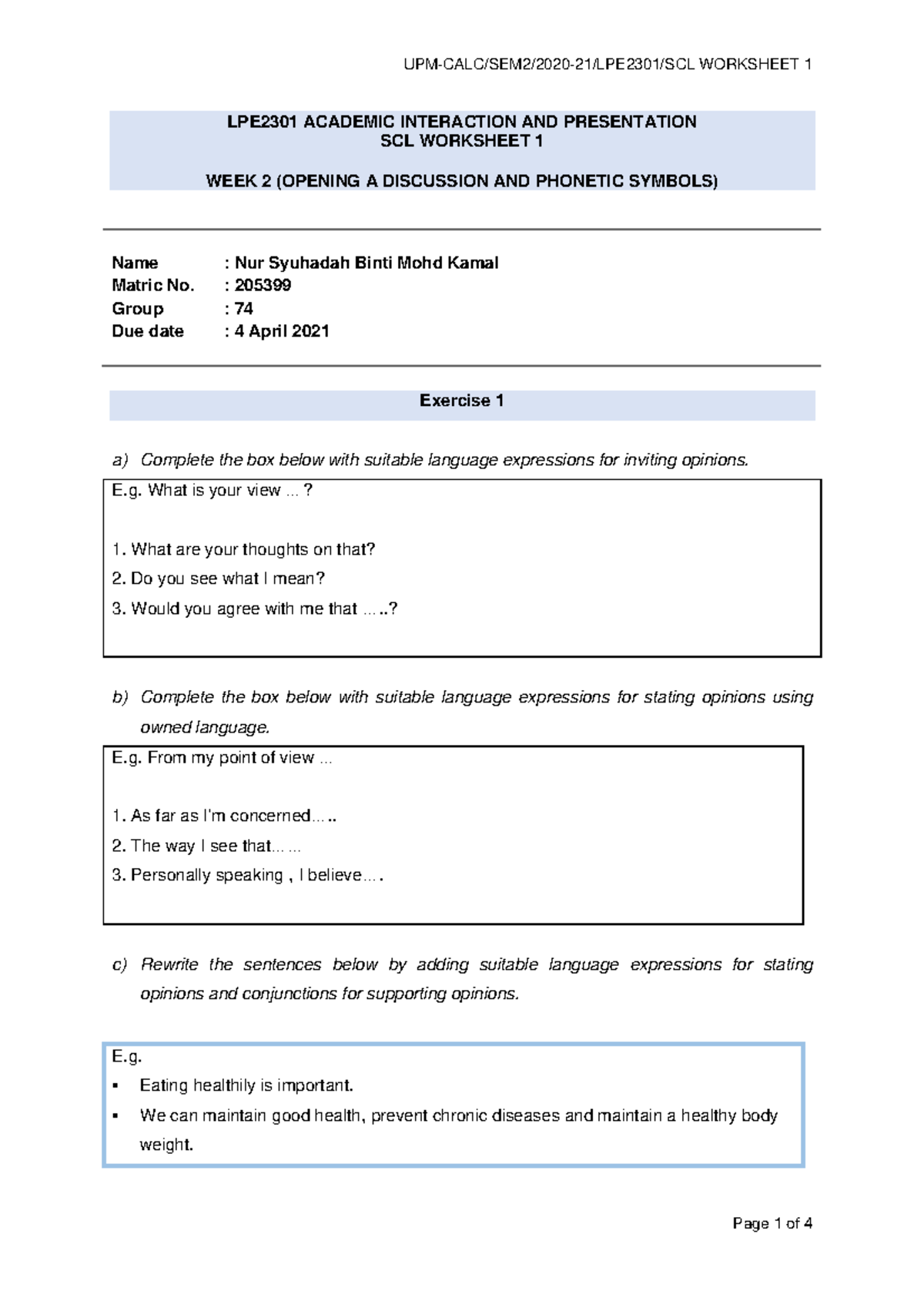 LPE2301 SCL Worksheet 1 SEM2 - LPE2301 ACADEMIC INTERACTION AND ...