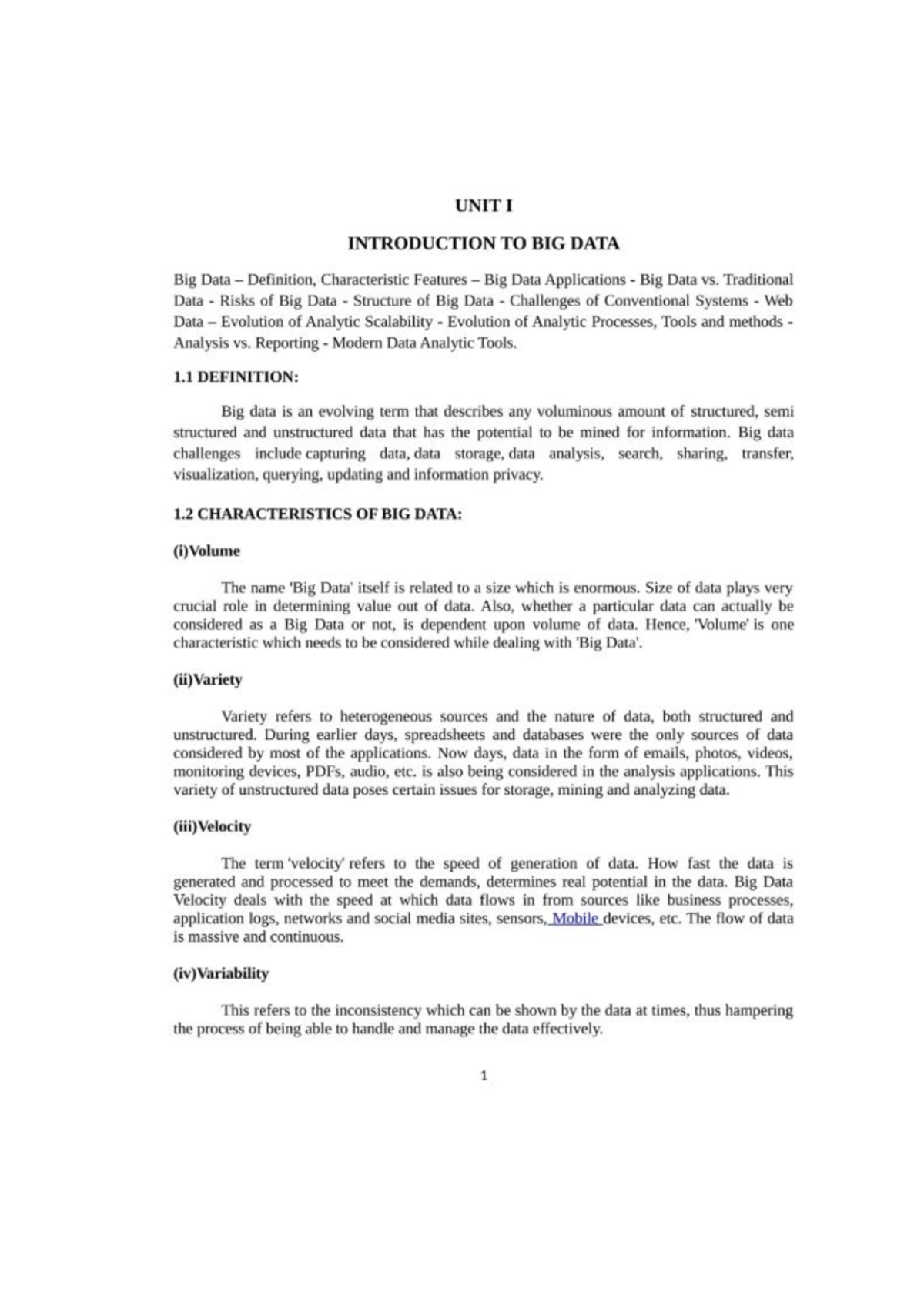 Doc2 - nill - UNIT I INTRODUCTION TO BIG DATA Big Data Definition ...