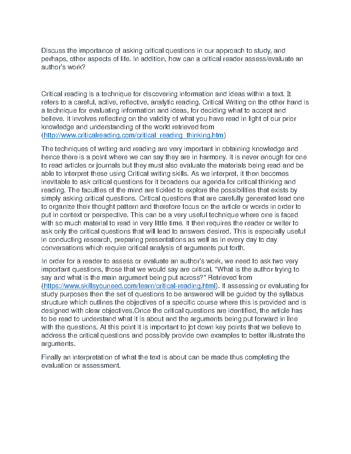 Critical Writing and reading - Discuss the importance of asking ...