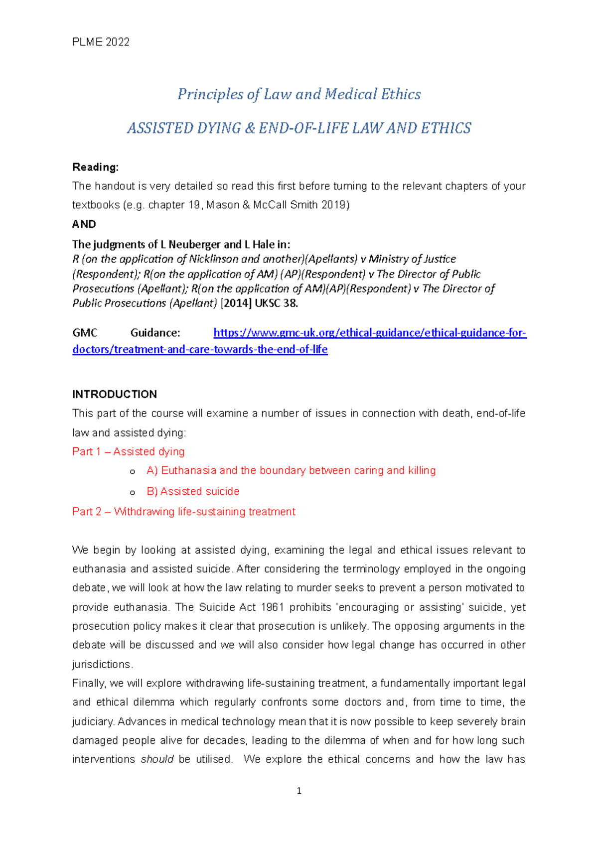 PLME - Assisted Dying- 2022 - Principles of Law and Medical Ethics ...