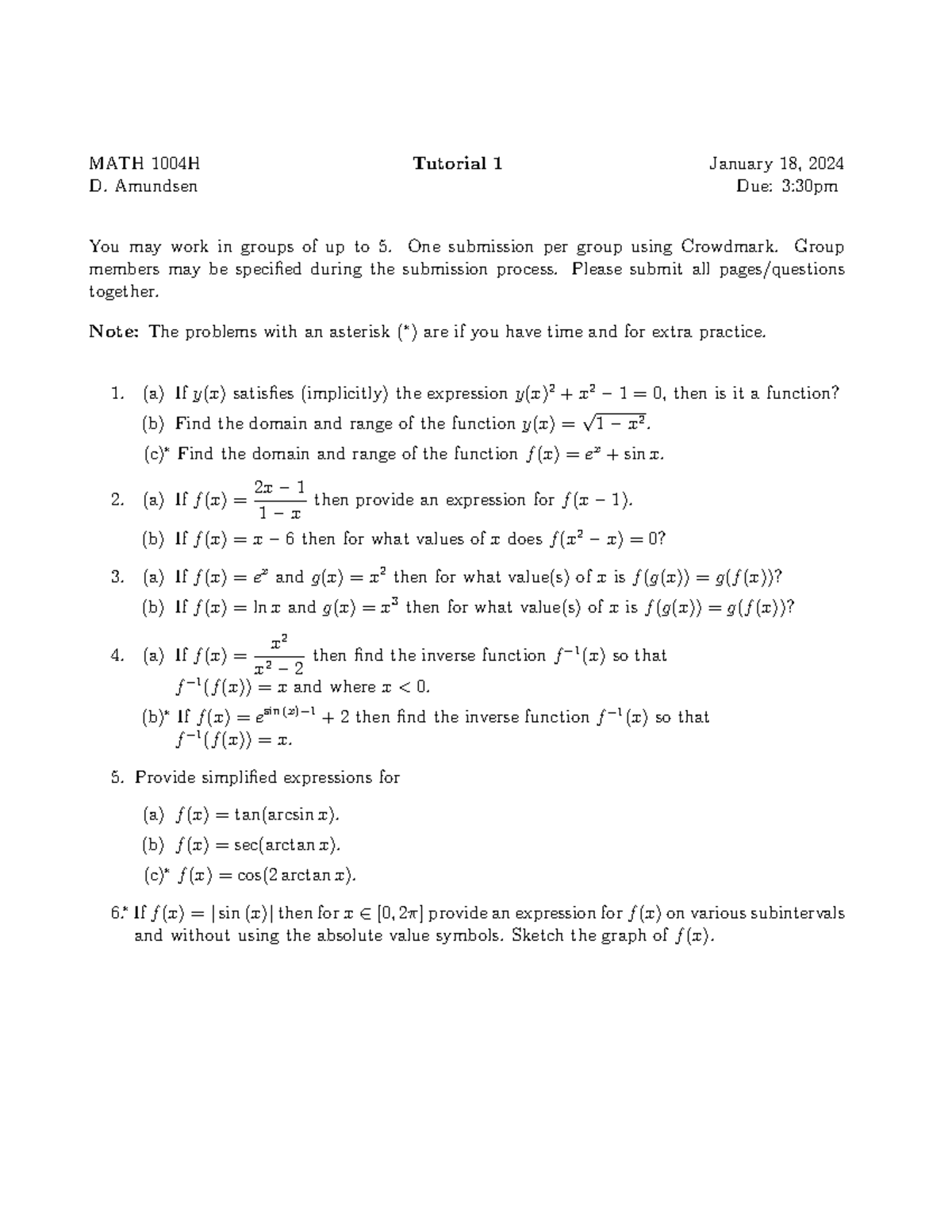 Tutorial 1 Questions - regffd - MATH 1004H Tutorial 1 January 18, 2024 ...