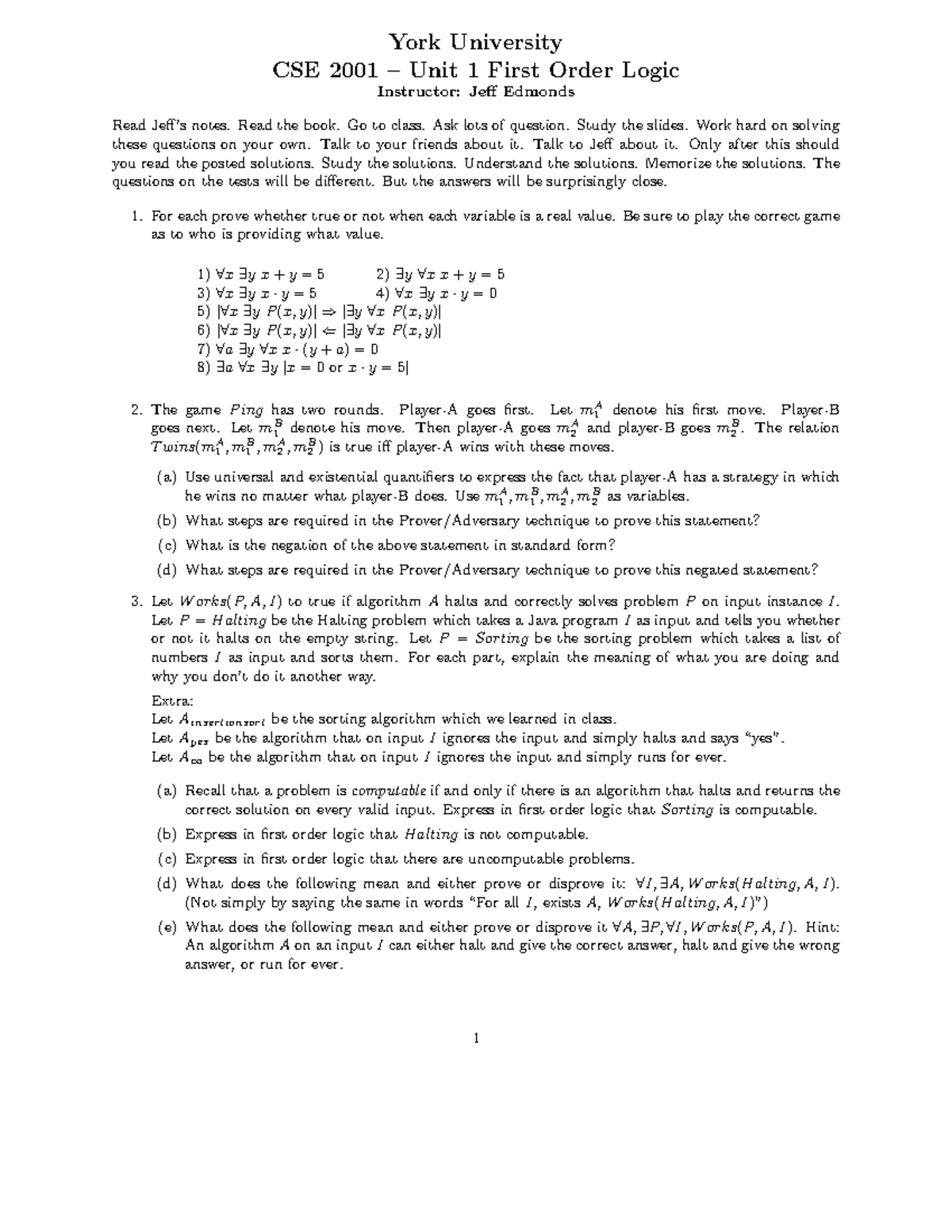 2001 11 Logic Lecture Notes 11 York University Cse 2001 Unit 1 First Order Logic