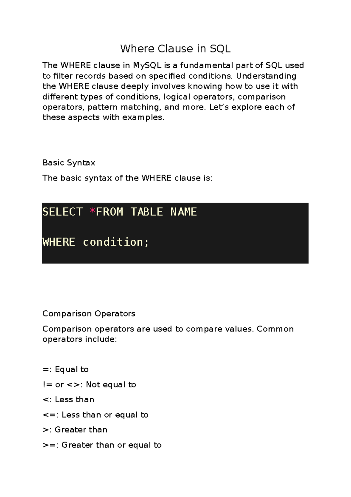 Where Clause in SQL - 1. Introduction to SQL SQL (Structured Query ...