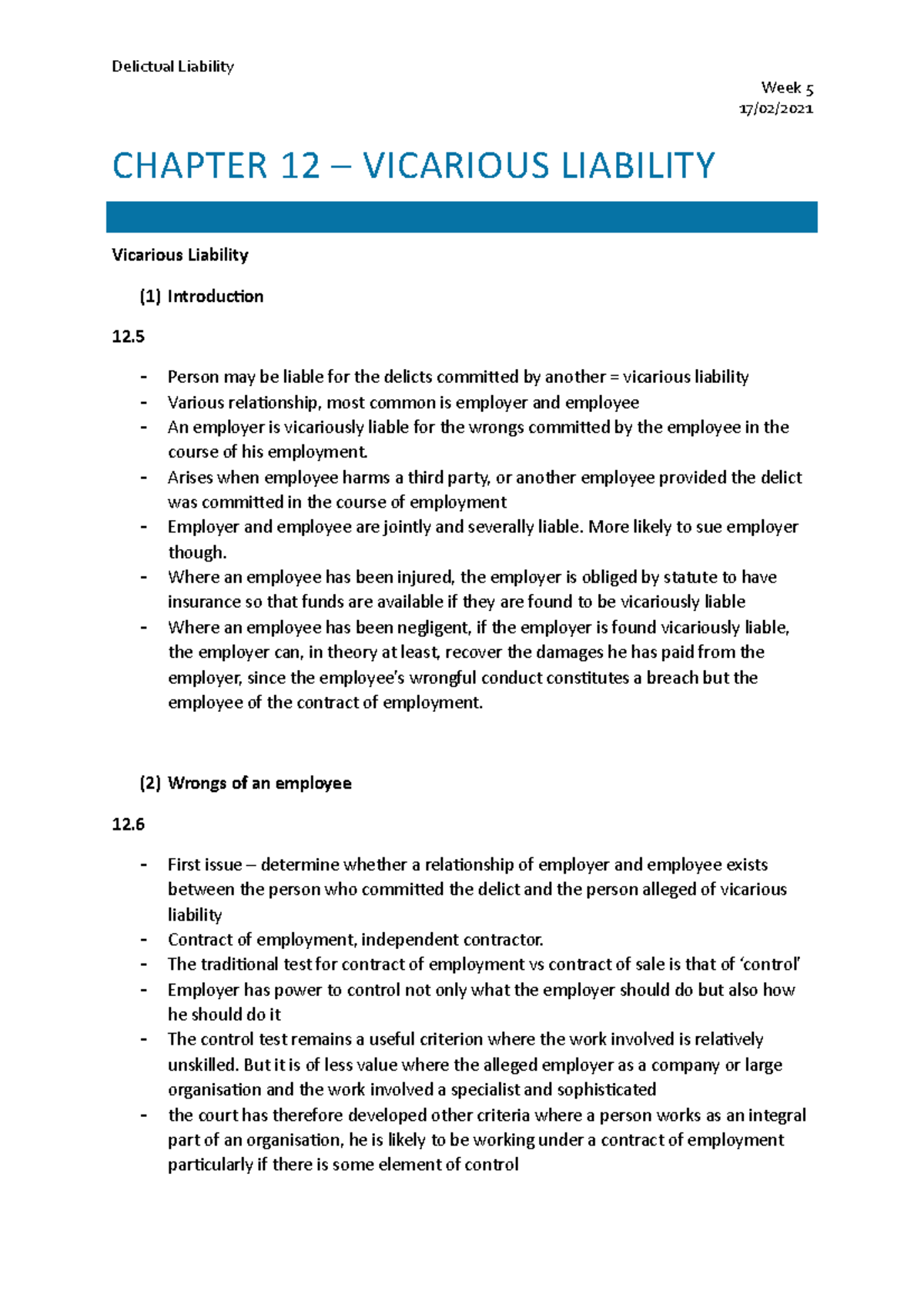 12 - Vicarious Liability - Delictual Liability Week 5 17/02/ CHAPTER 12 ...