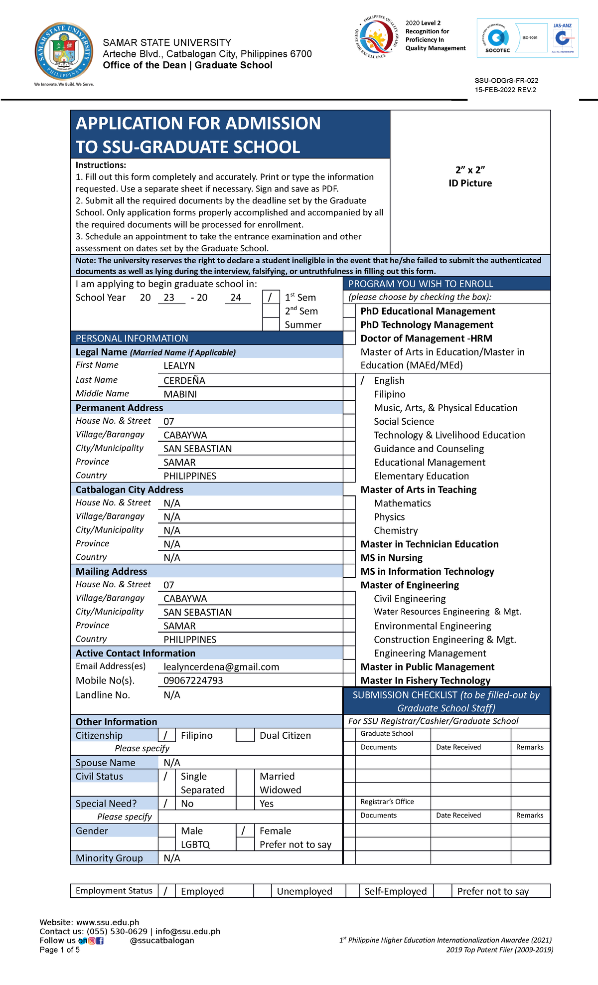 FR 22 Application for Admission - APPLICATION FOR ADMISSION TO SSU ...