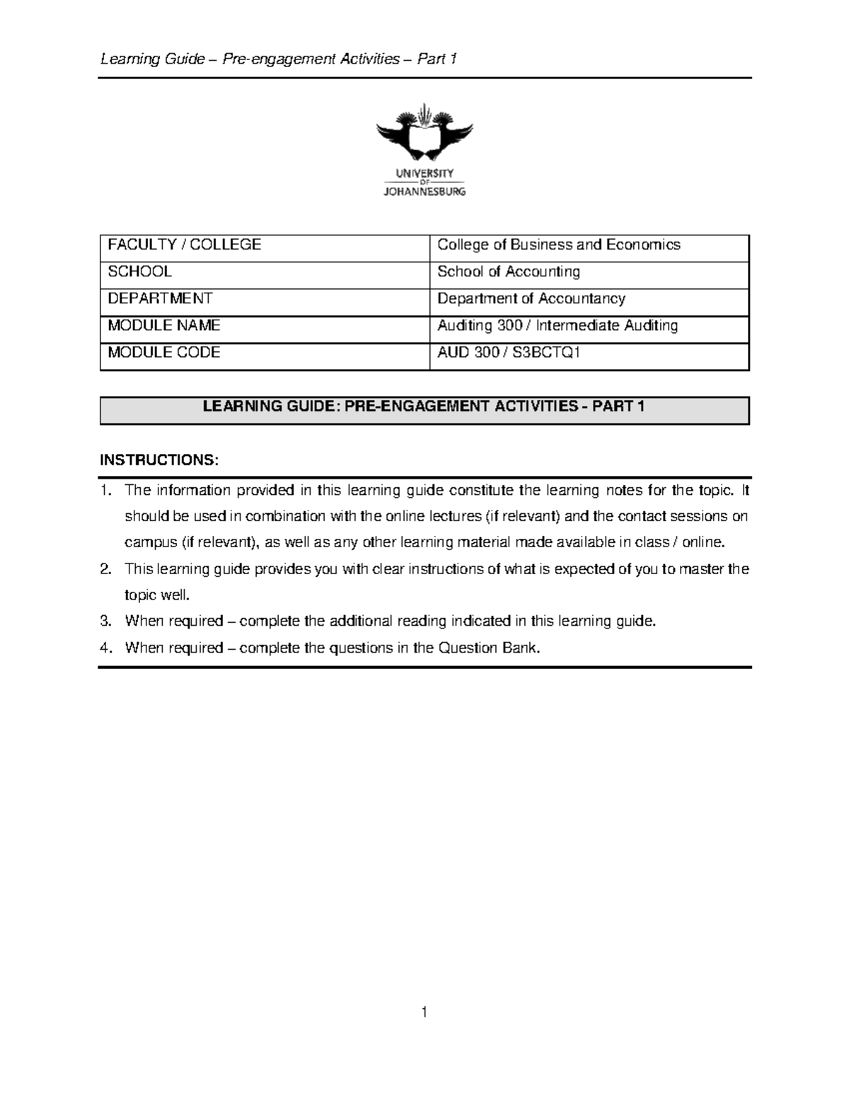 Learning Guide - Pre-engagement Activities - Part 1 - FACULTY / COLLEGE ...