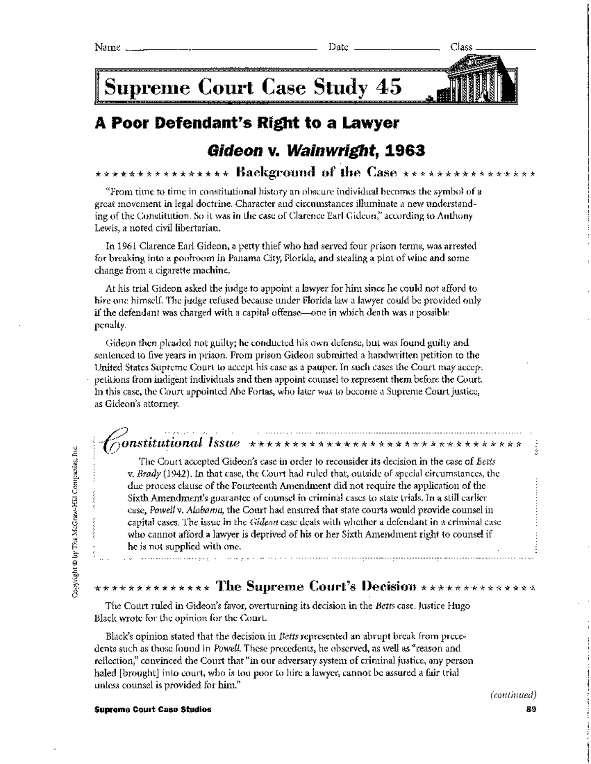 SCC Gideon v Wainwright Worksheet - POS1401 - Studocu