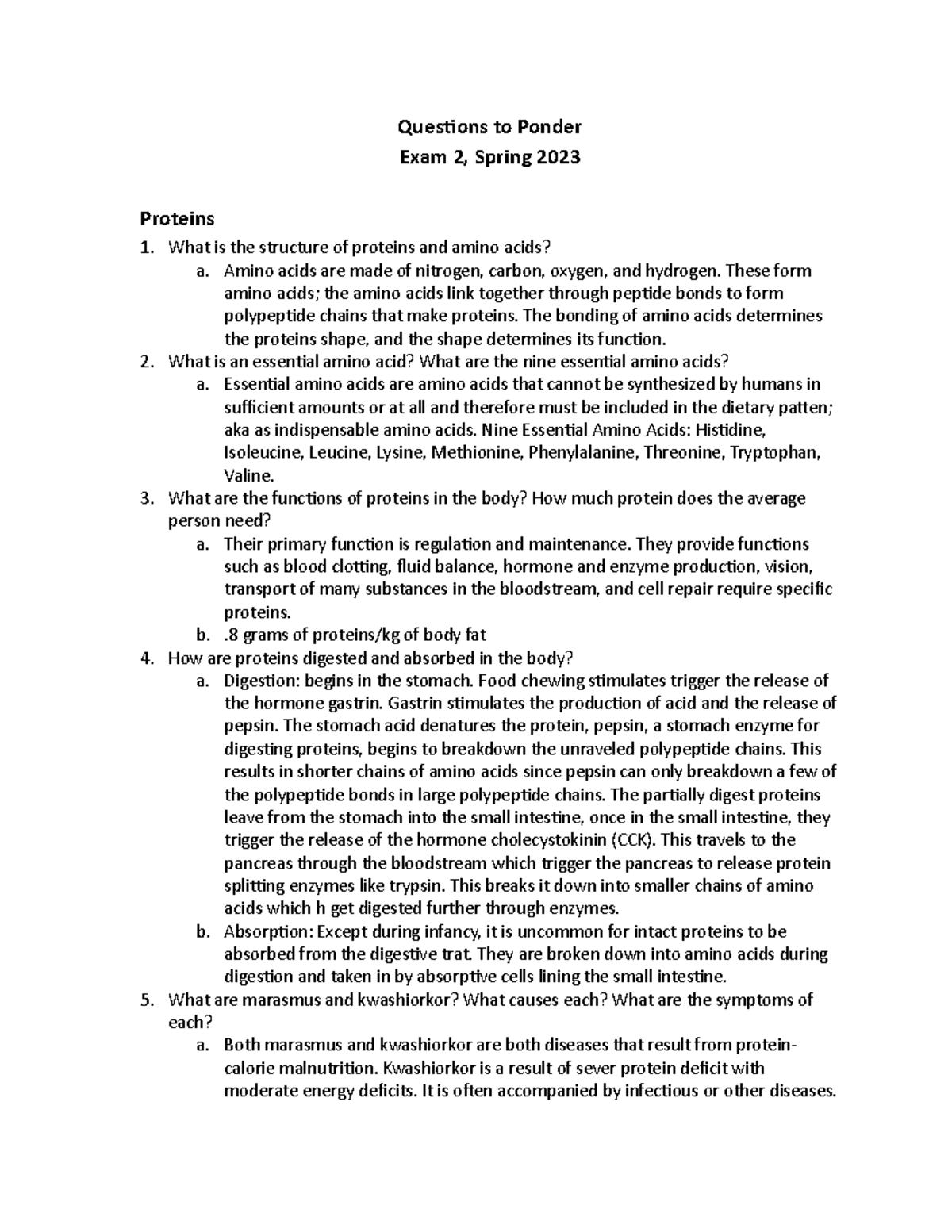 Questons to ponder - Questions to Ponder Exam 2, Spring 2023 Proteins 1 ...