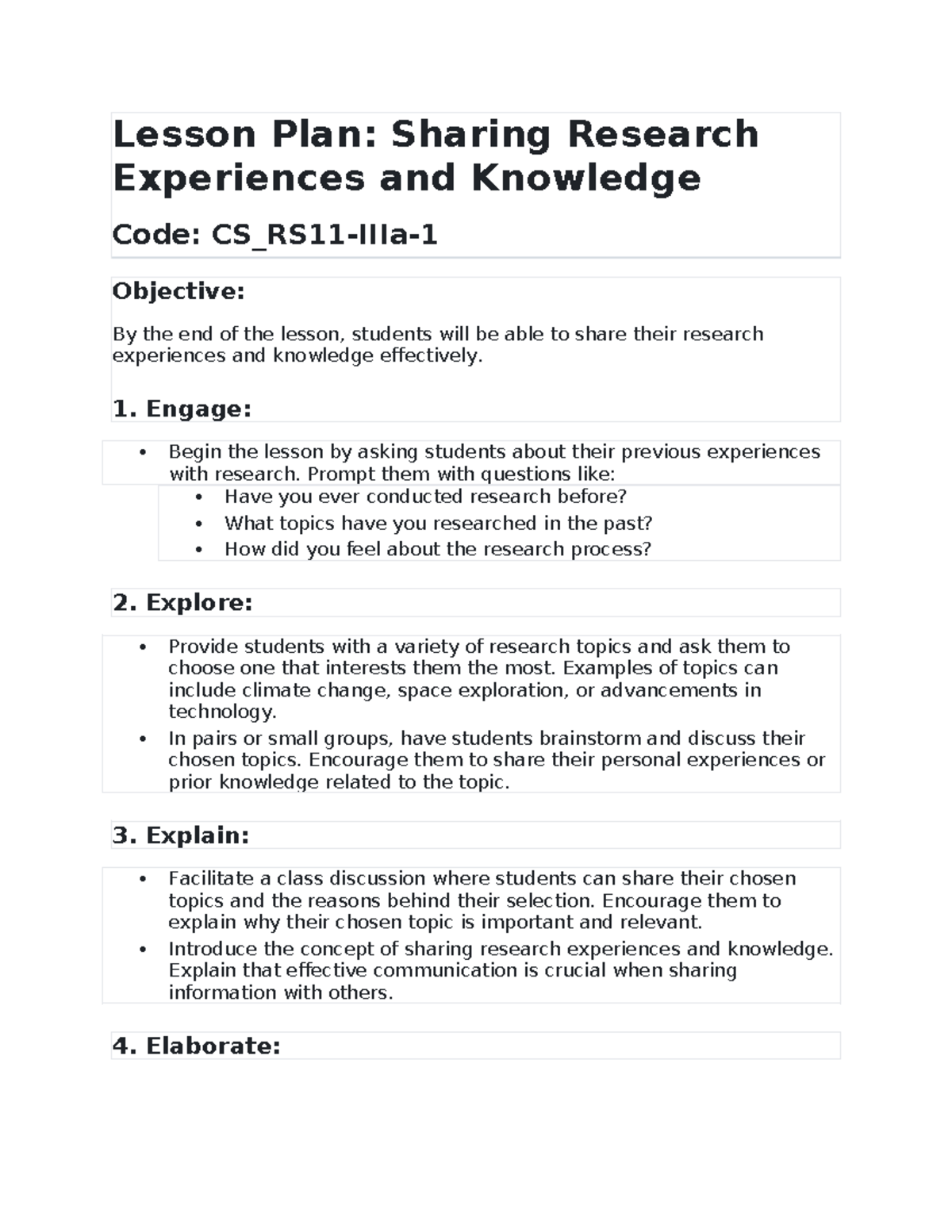 Lesson Plan PR 1 - Lesson Plan: Sharing Research Experiences and ...
