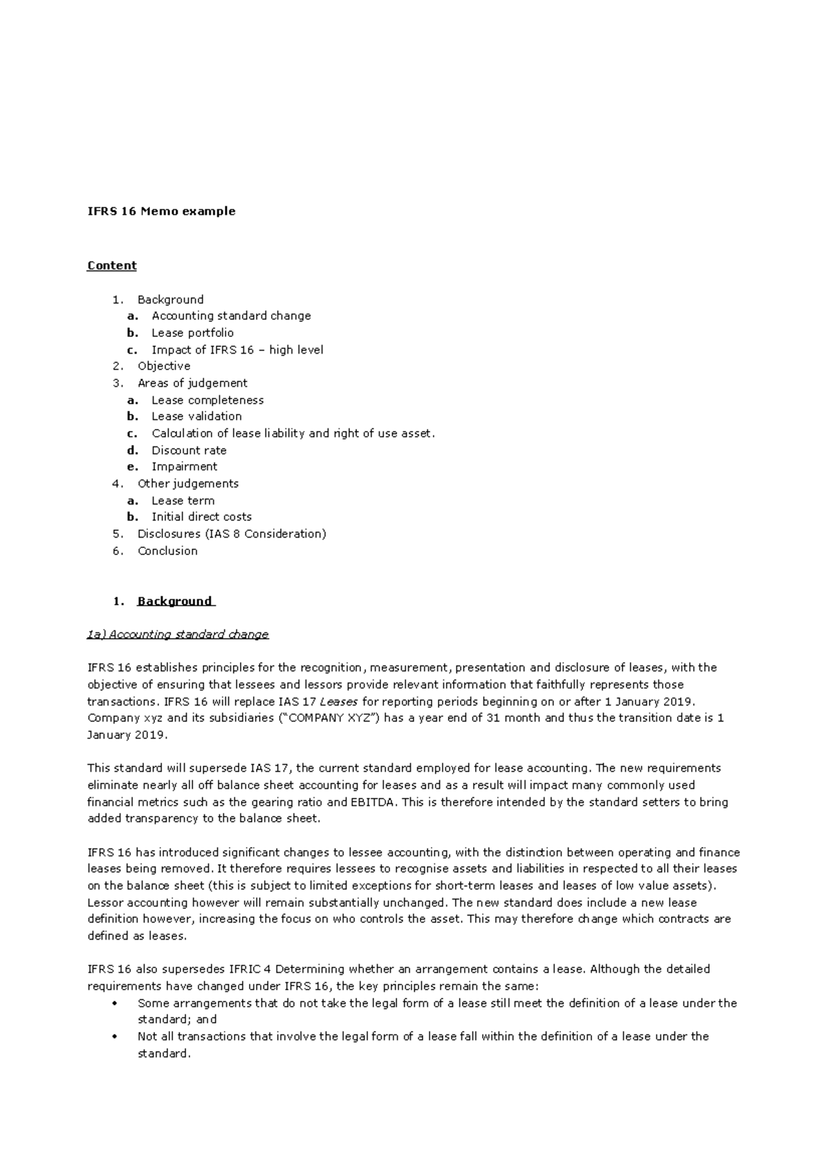 Additional notes 3 - IFRS 16 - IFRS 16 Memo example Content Background ...