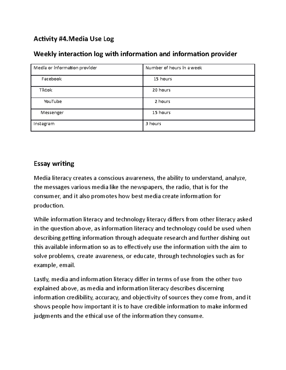 Activity #4 - Physical science - Activity #4 Use Log Weekly interaction ...