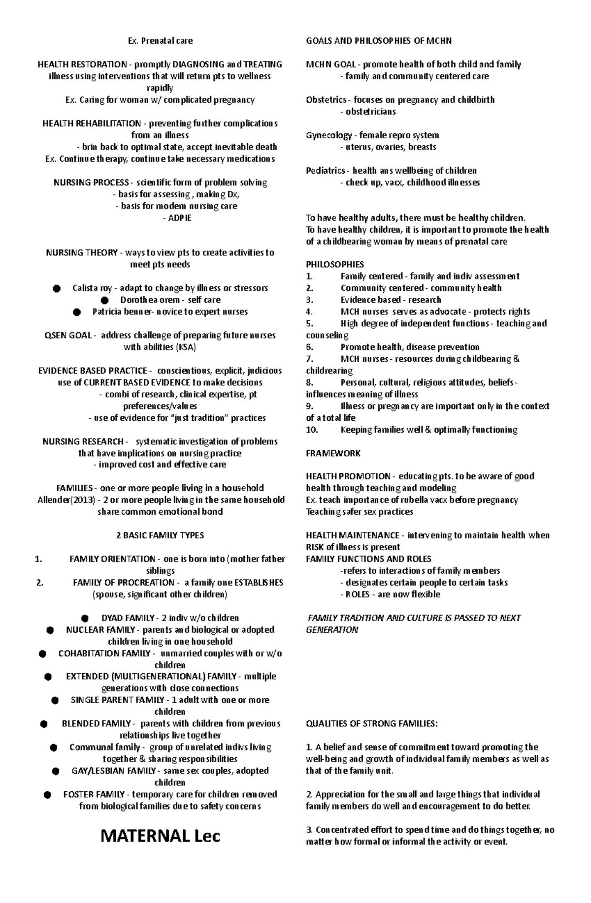 MCHN-Lec-Notes - Maternal Notes - Ex. Prenatal care HEALTH RESTORATION ...