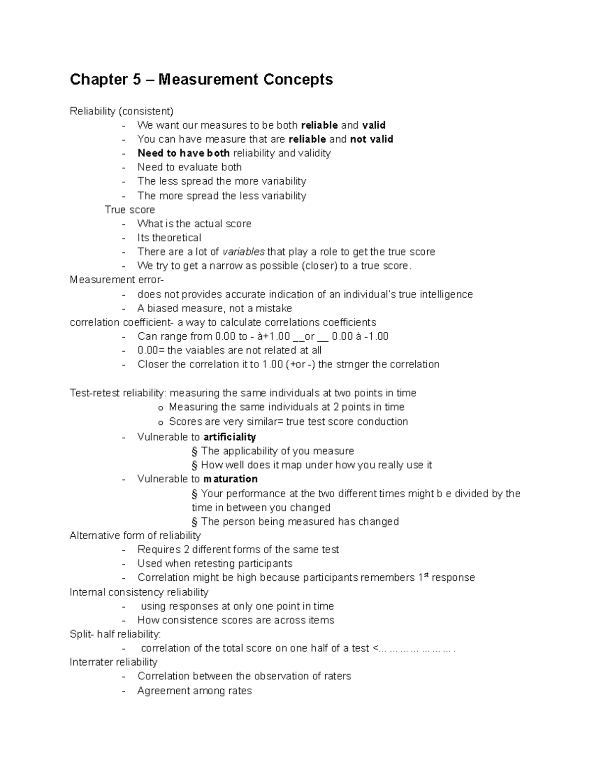 Chapter 5 notes - Chapter 5 – Measurement Concepts Reliability ...