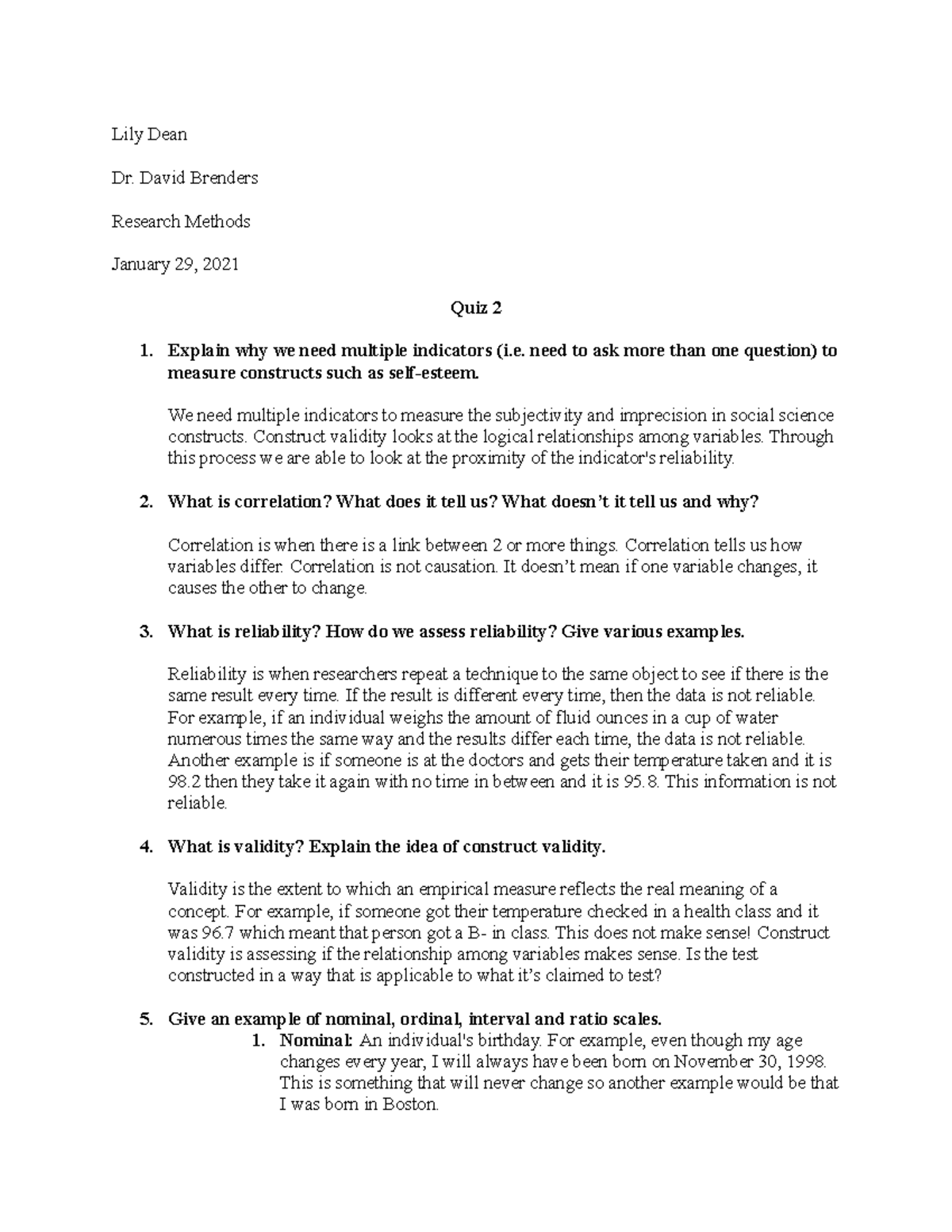 research methods quiz - Lily Dean Dr. David Brenders Research Methods ...