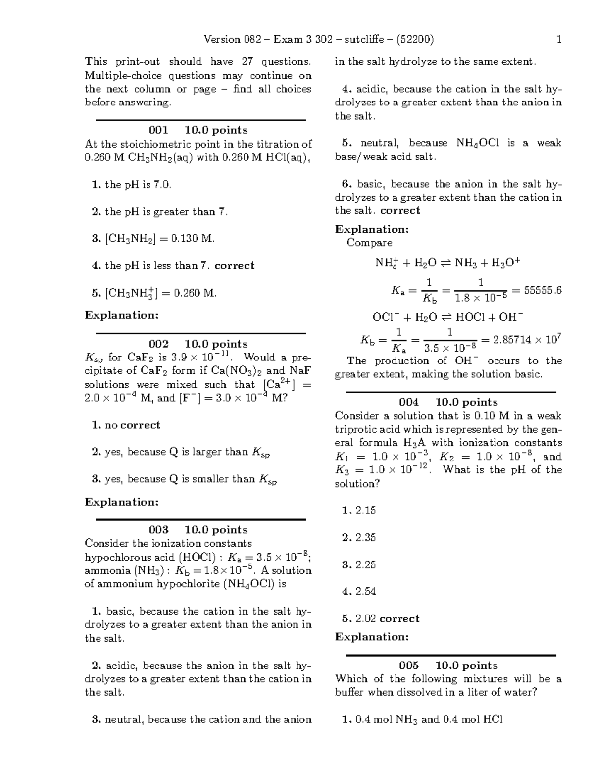 Chemistry Ch 302 Midterm 3 - This print-out should have 27 questions ...