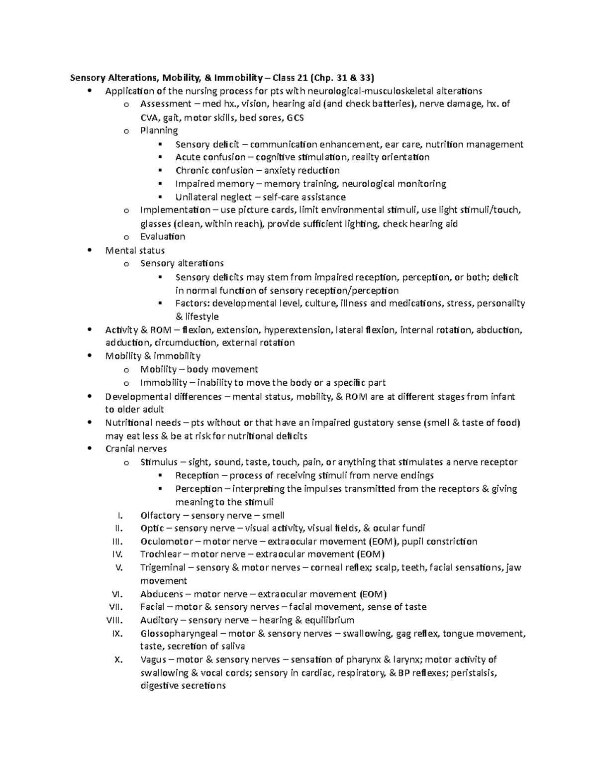 Sensory Alterations Mobility Immobility Class 21 (Chp. 31 33 ...