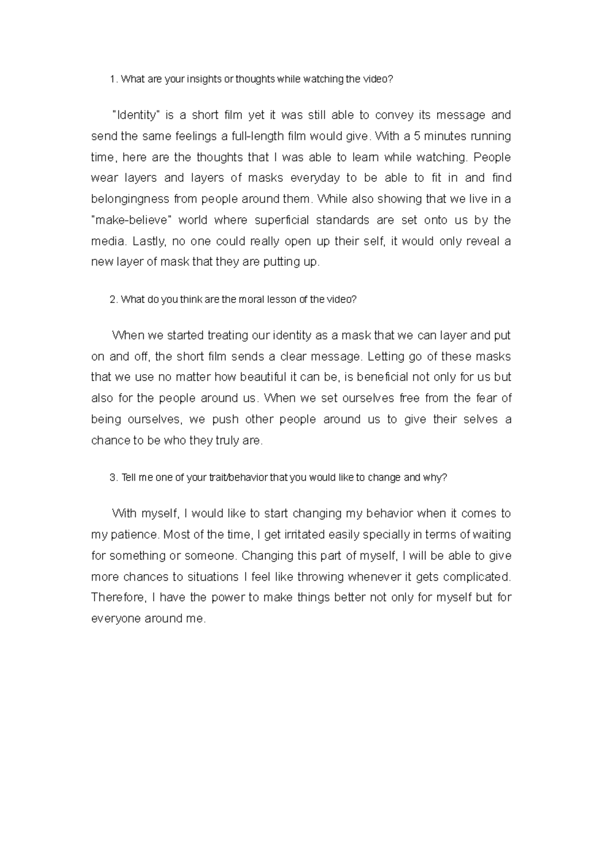 Hum Behavior 01 - Essay - What are your insights or thoughts while ...