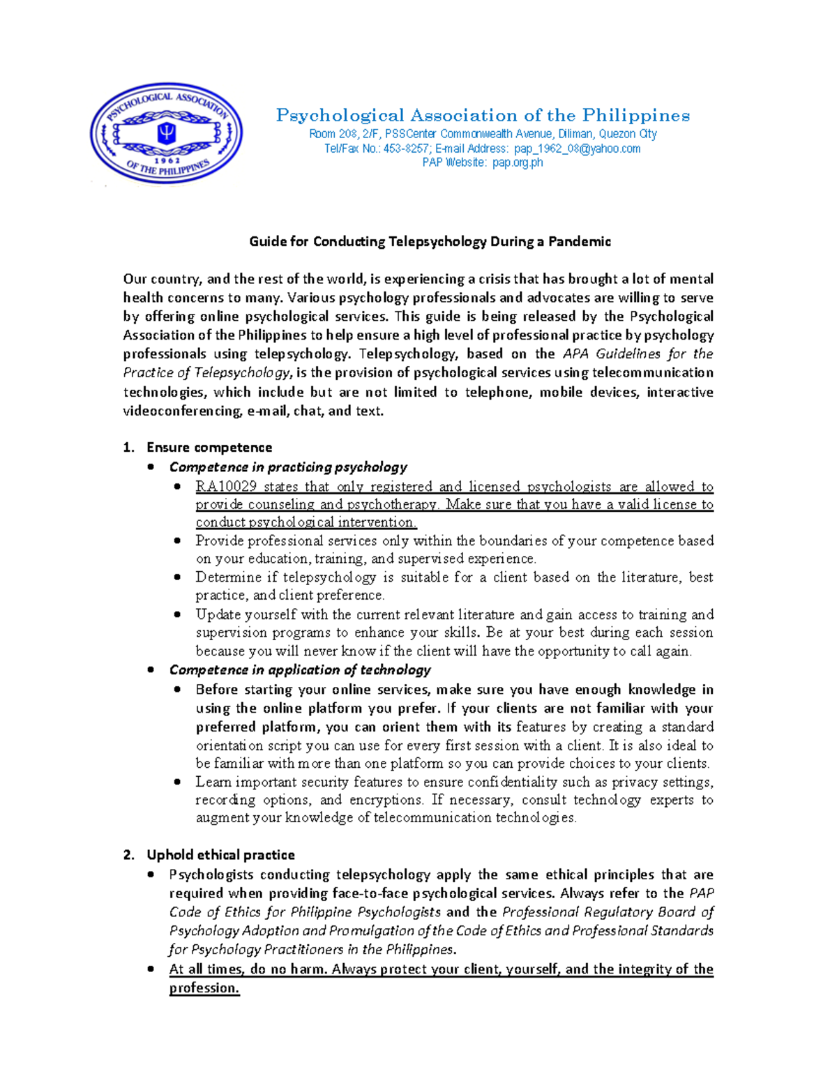 PAP Telepsychology Guidelines 1 - Guide for Conducting Telepsychology ...