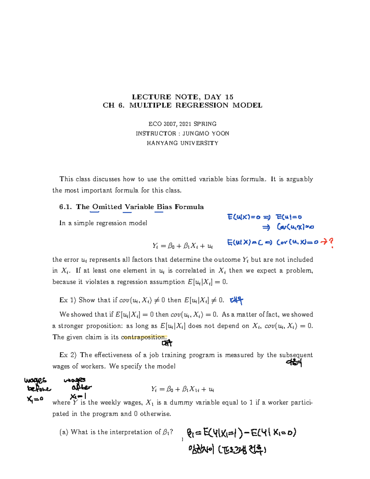 OVB formula, Covariance with error term - LECTURE NOTE, DAY 15 CH 6. MULTIPLE REGRESSION MODEL ...