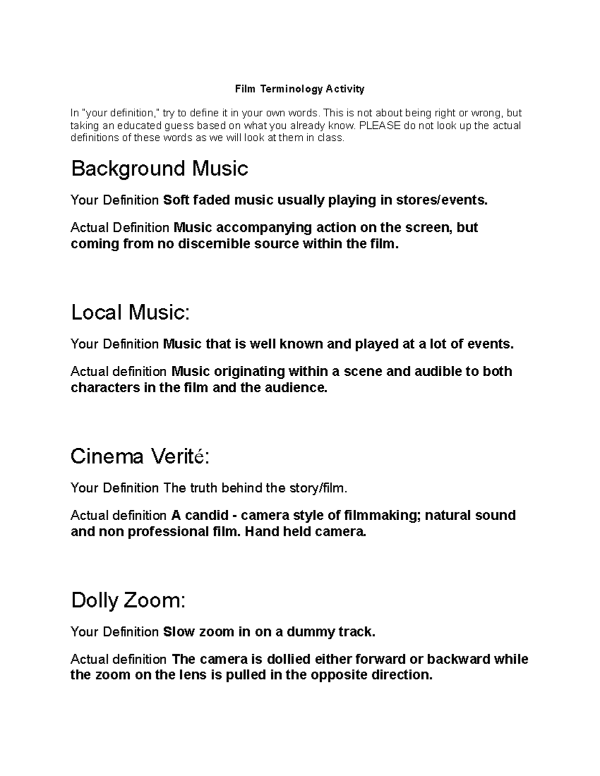 Elizabeth Grady - Film Terminology Activity - Film Terminology Activity ...