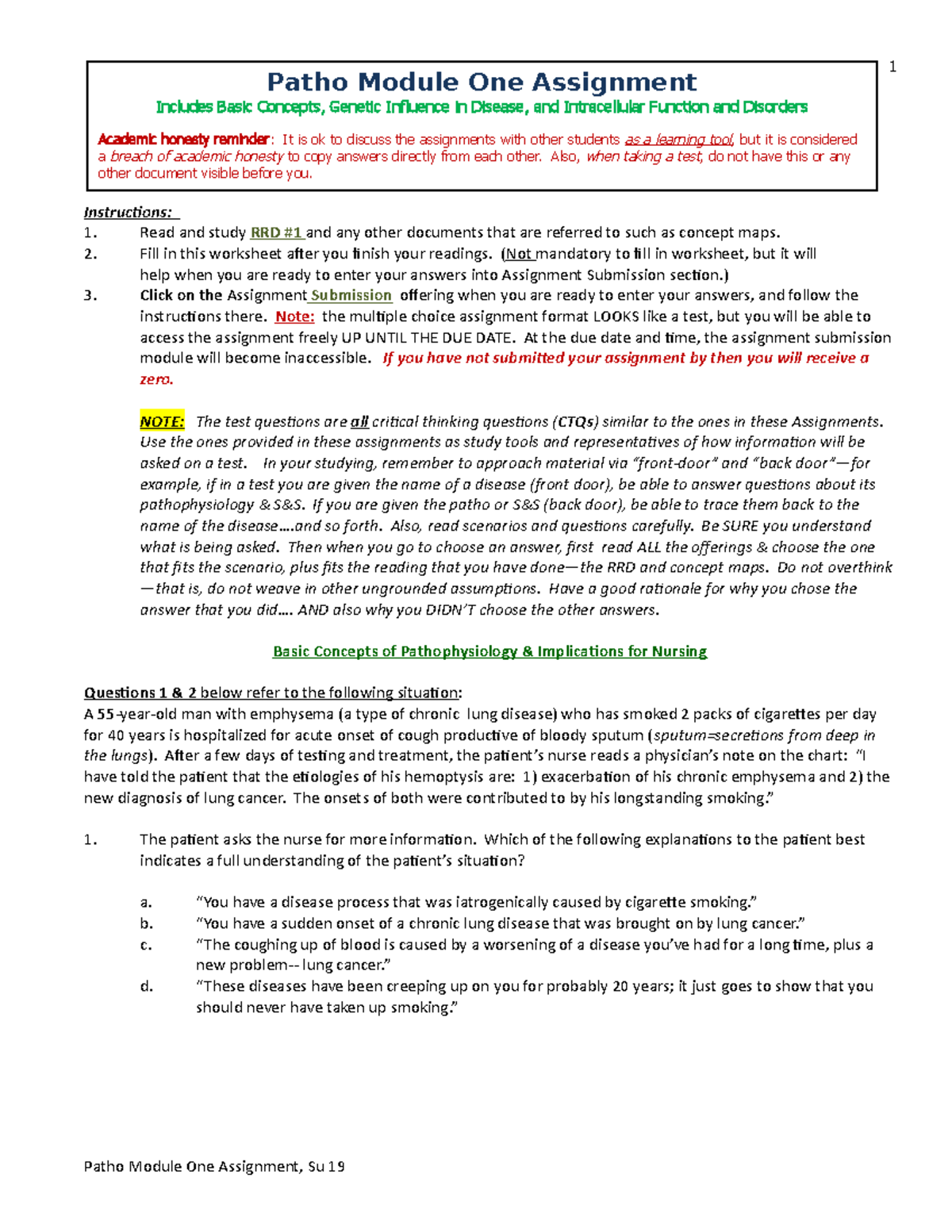 Patho Module One Assignment copy - Instructions: Read and study RRD #1 and any other documents ...