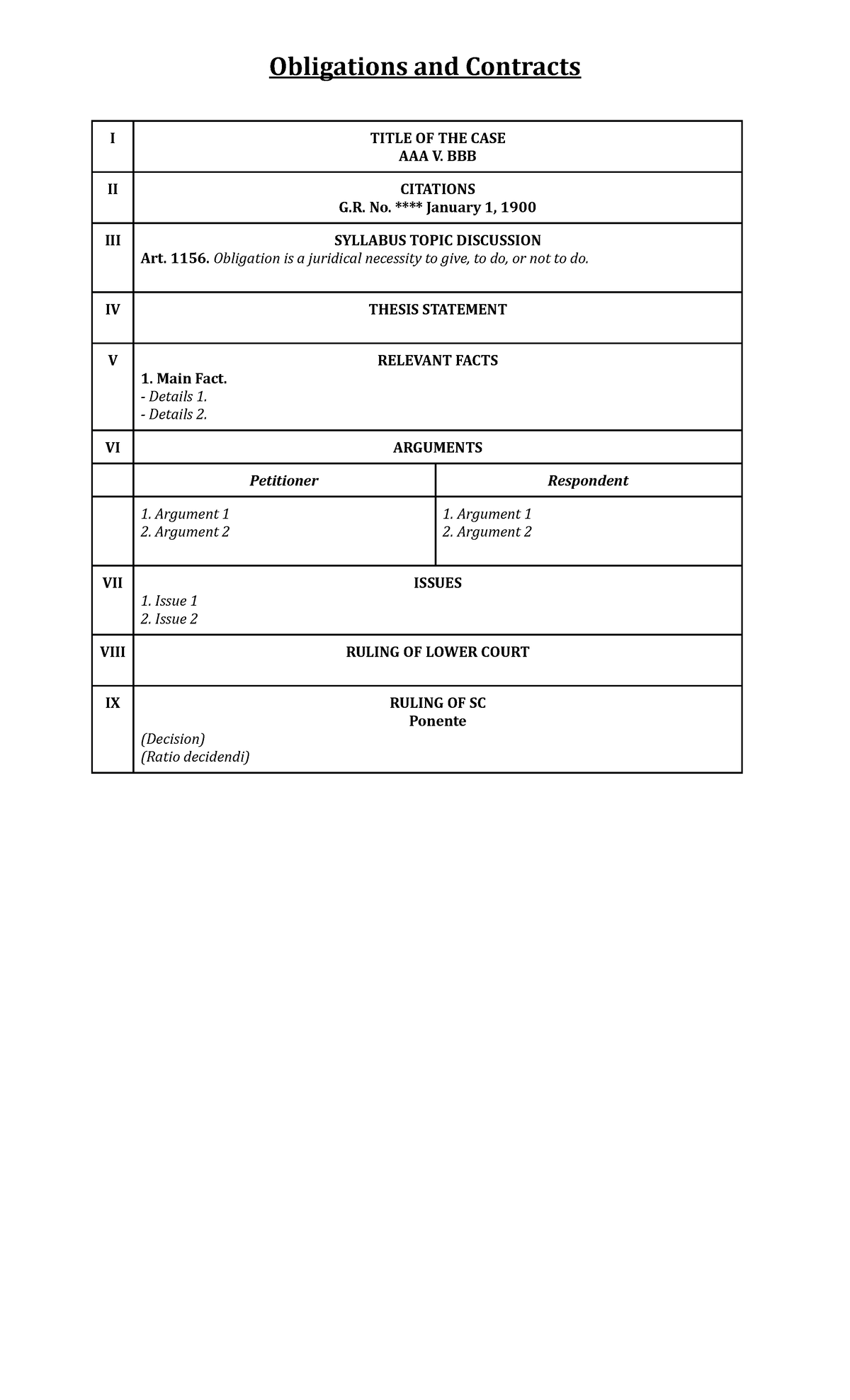 Case Digest Format - Obligations and Contracts I TITLE OF THE CASE AAA ...