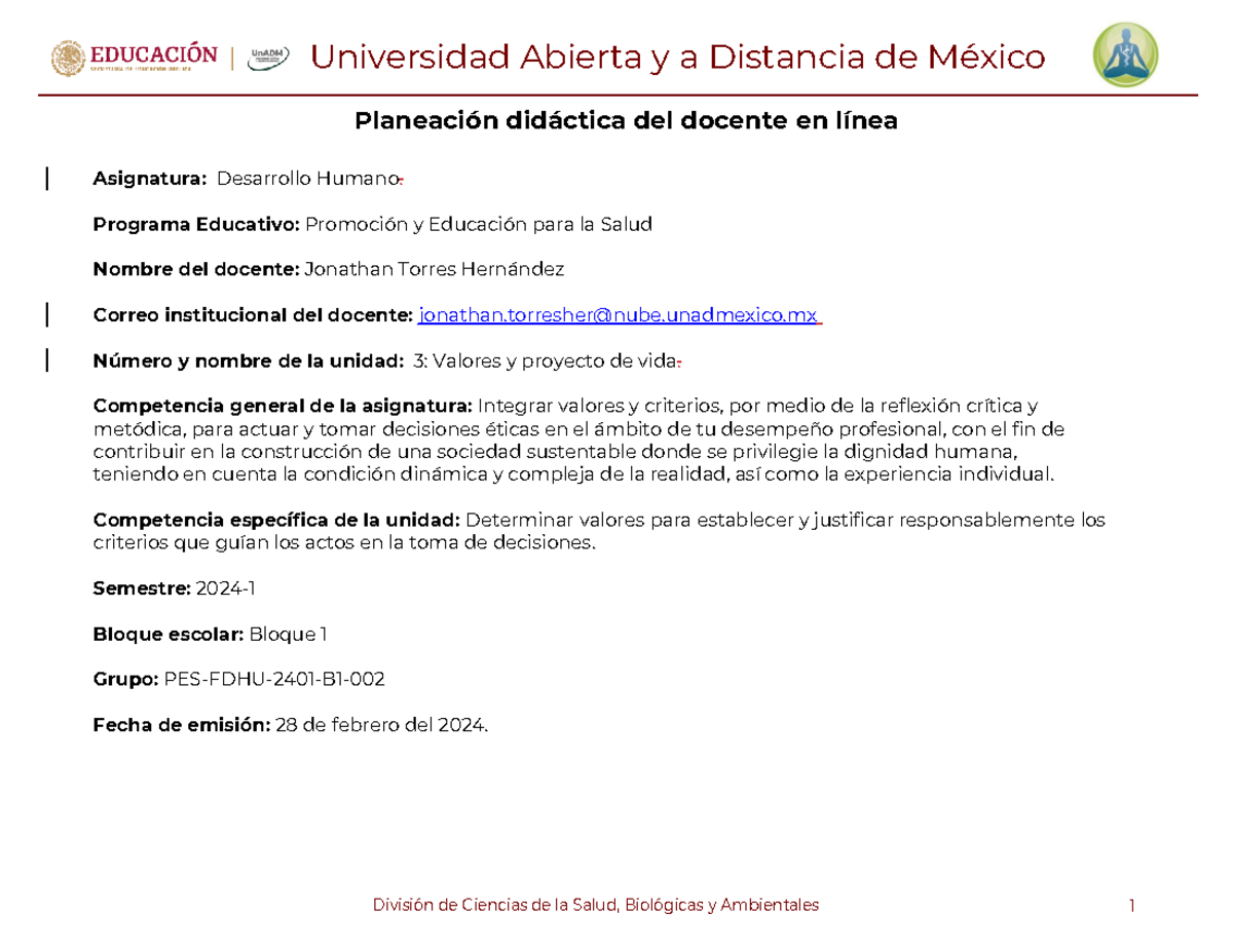 01 FDHU PES B1 U3 - , . .m, ñ-., ,. - Asignatura: Desarrollo Humano ...