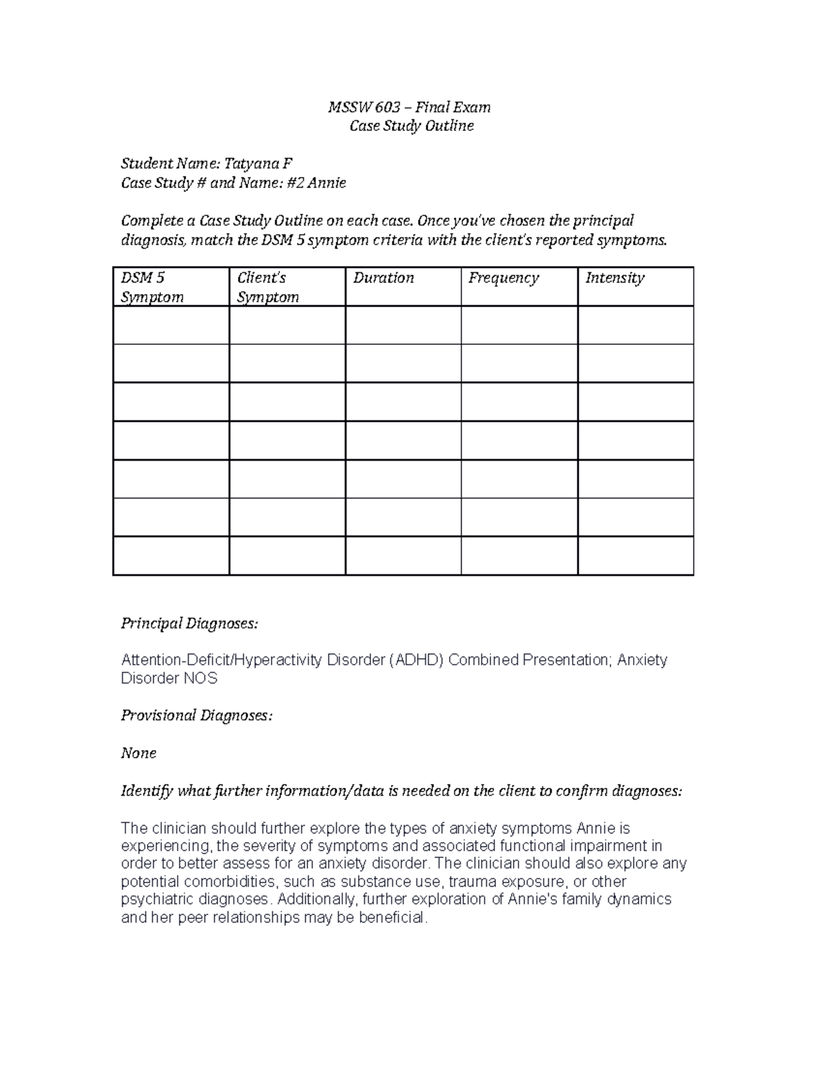 MSSW 603 case study #2 Annie - MSSW 603 – Final Exam Case Study Outline ...