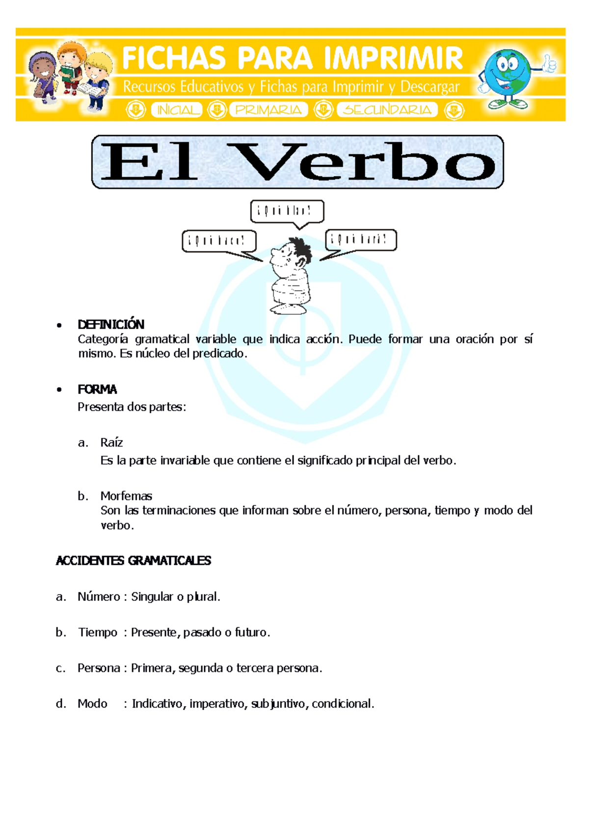 Ficha Verbos para Sexto de Primaria - DEFINICIÓN Categoría gramatical ...