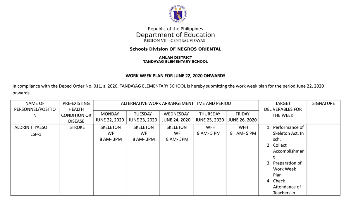 WORK WEEK PLAN FOR JUNE 22 - Department of Education Schools Division ...