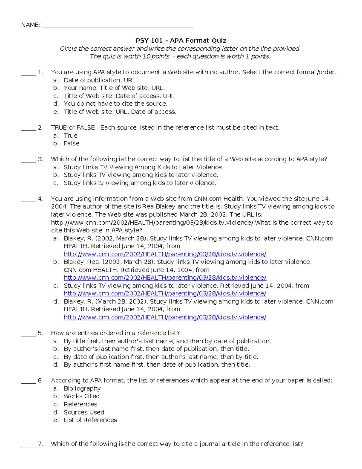 APA format quiz - jm - NAME ...