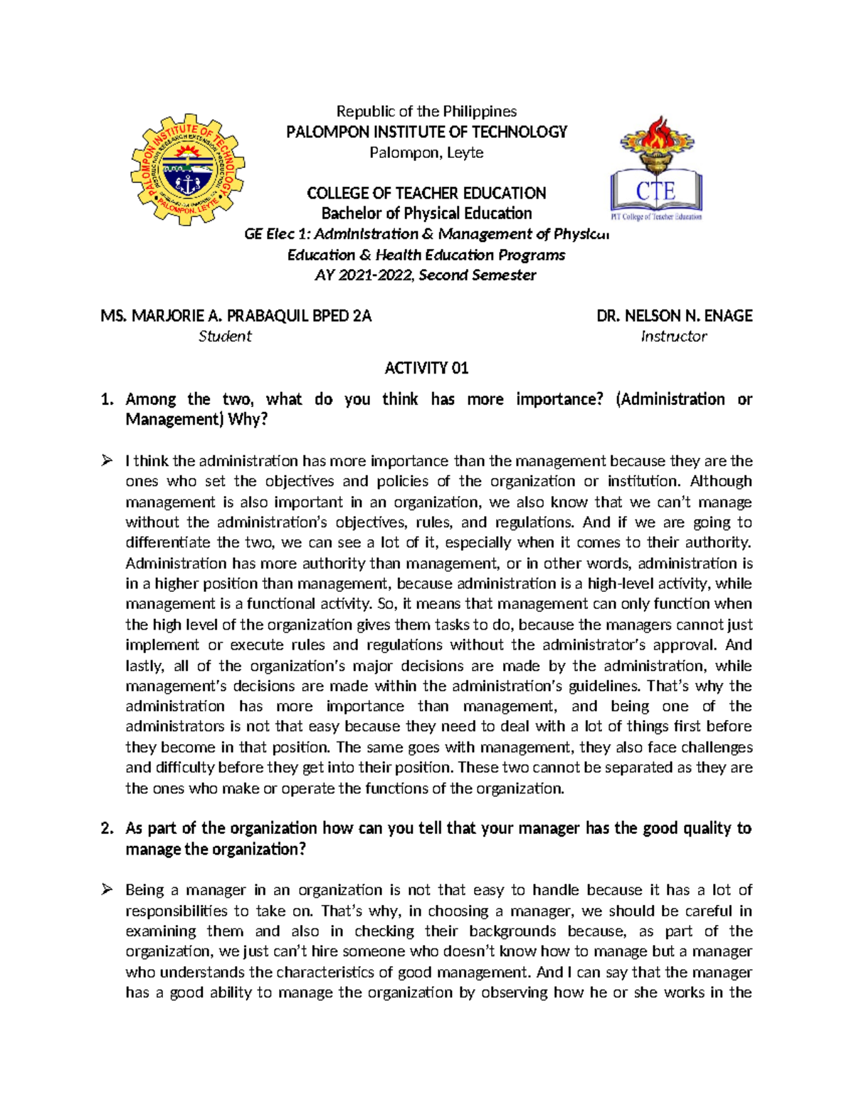 Ge Elec 1 Activity 1 - GE ELEC - Republic of the Philippines PALOMPON ...
