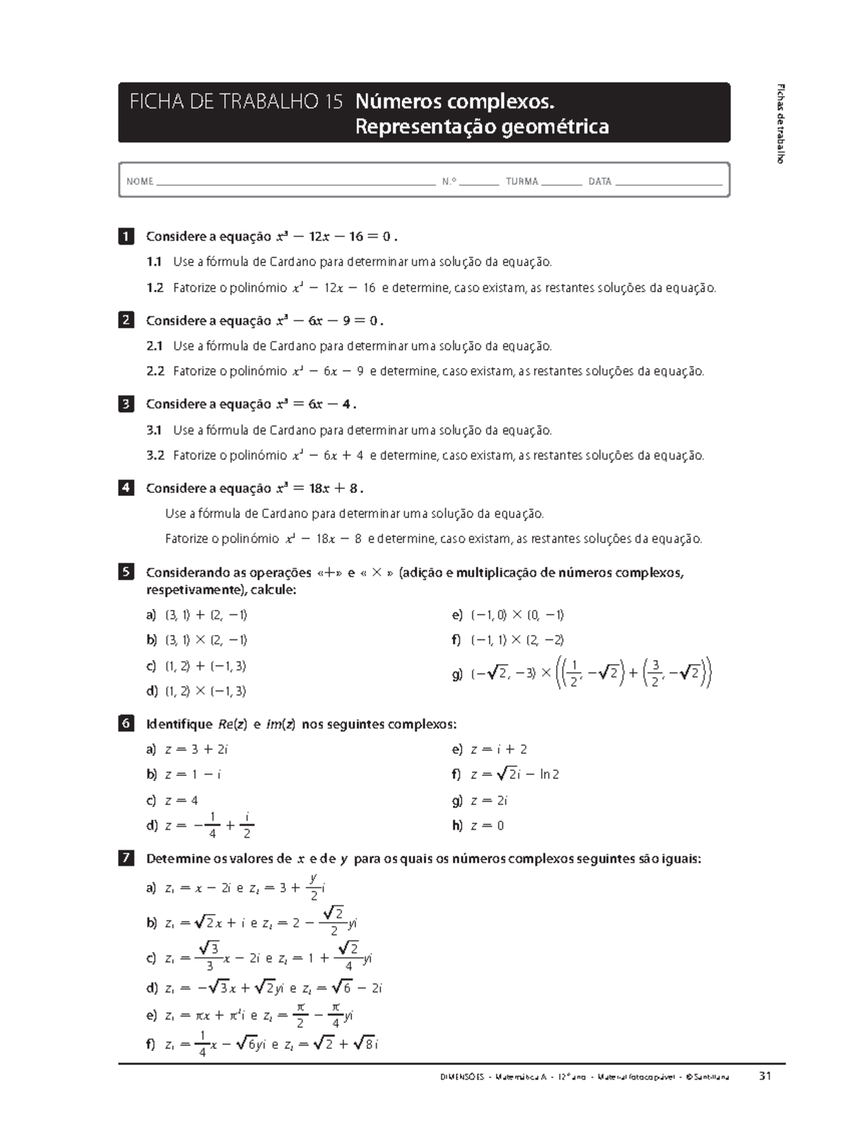 Ficha de Trabalho 15 - 12 Ano - Numeros Complexos e Representacao Geometrica - 31 Fichas de ...