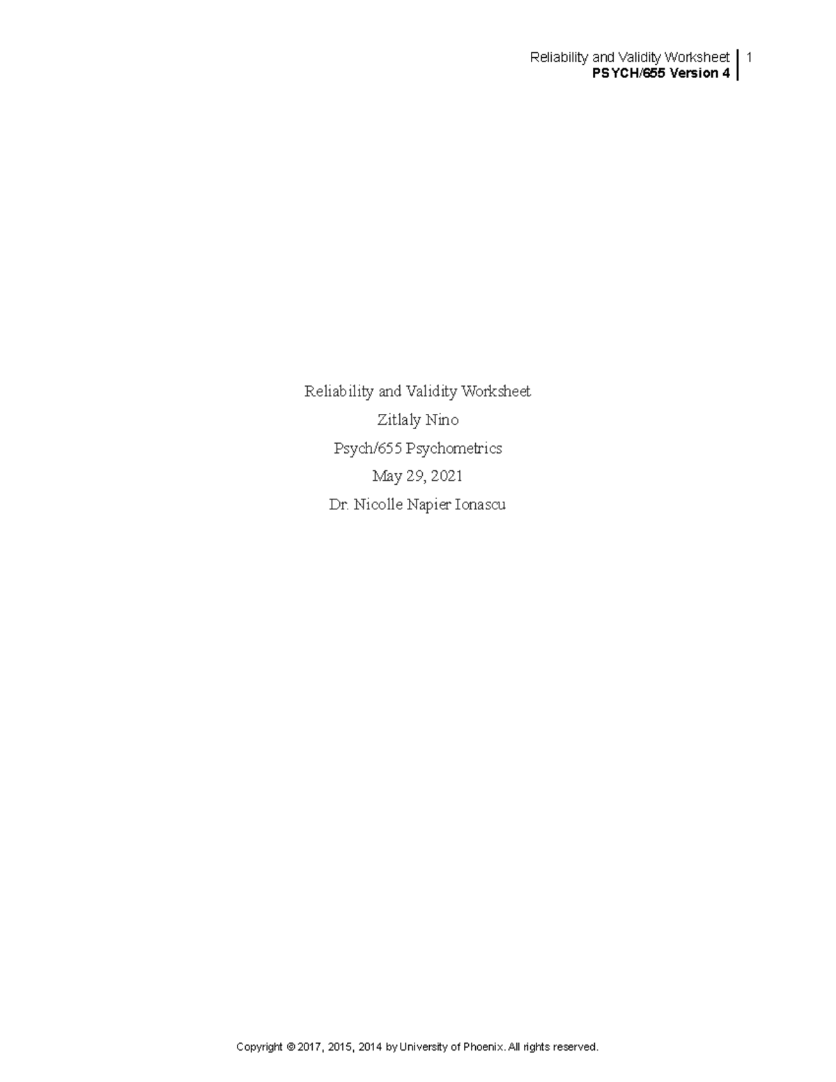 Reliability and Validity Worksheet week 2 - PSYCH/655 Version 4 ...