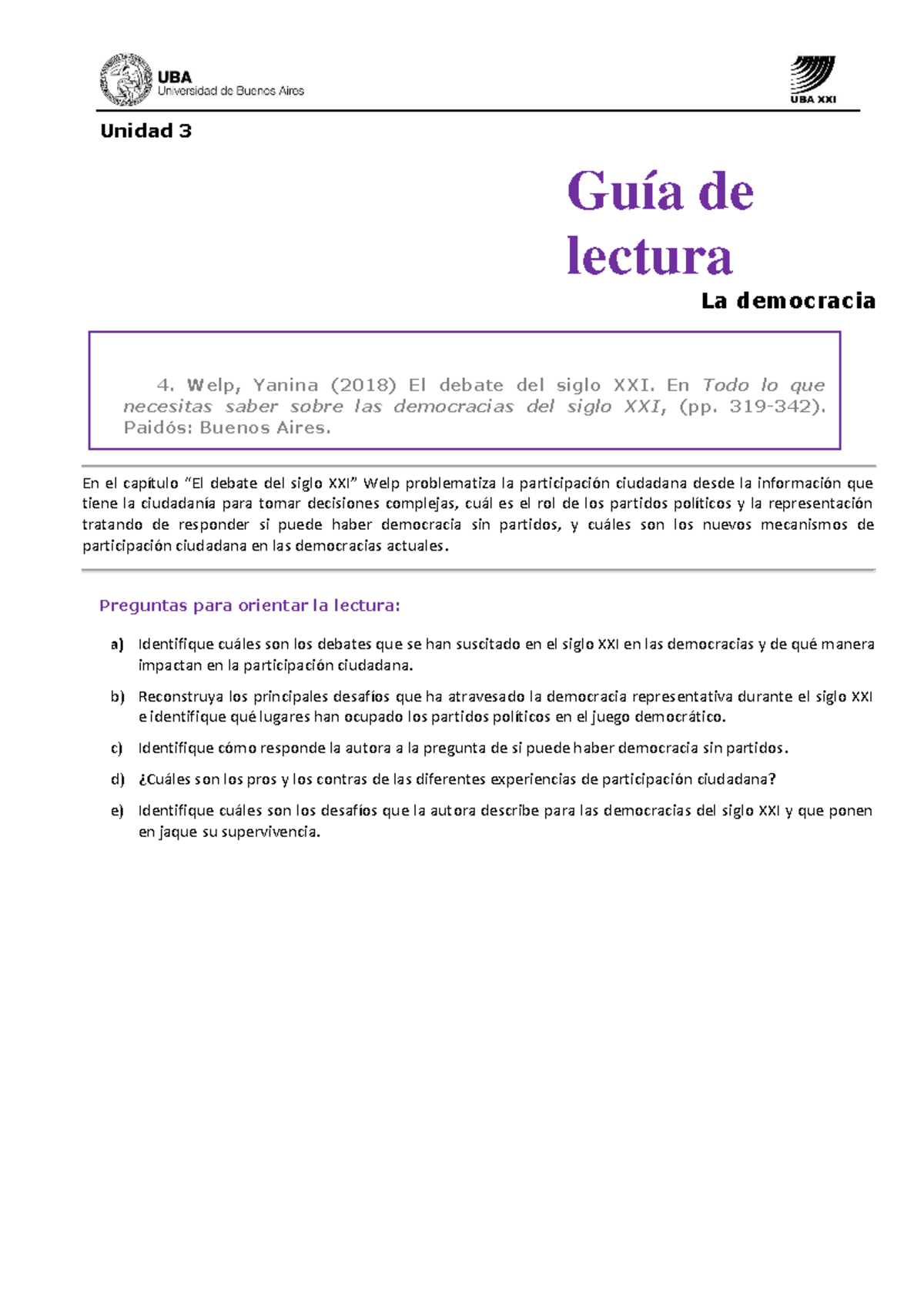 Guía de lectura Welp - guia - Unidad 3 Guía de lectura La democracia En el capítulo “El debate ...