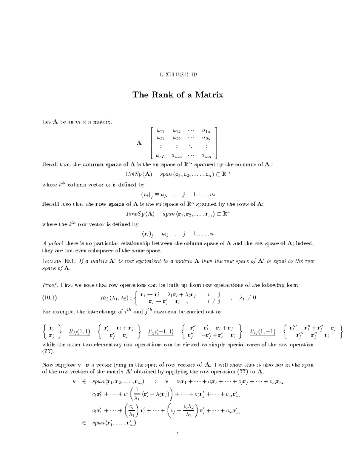 Question and answers of matrix. - LECTURE TheRankofaMatrix LetAbeanm× ...