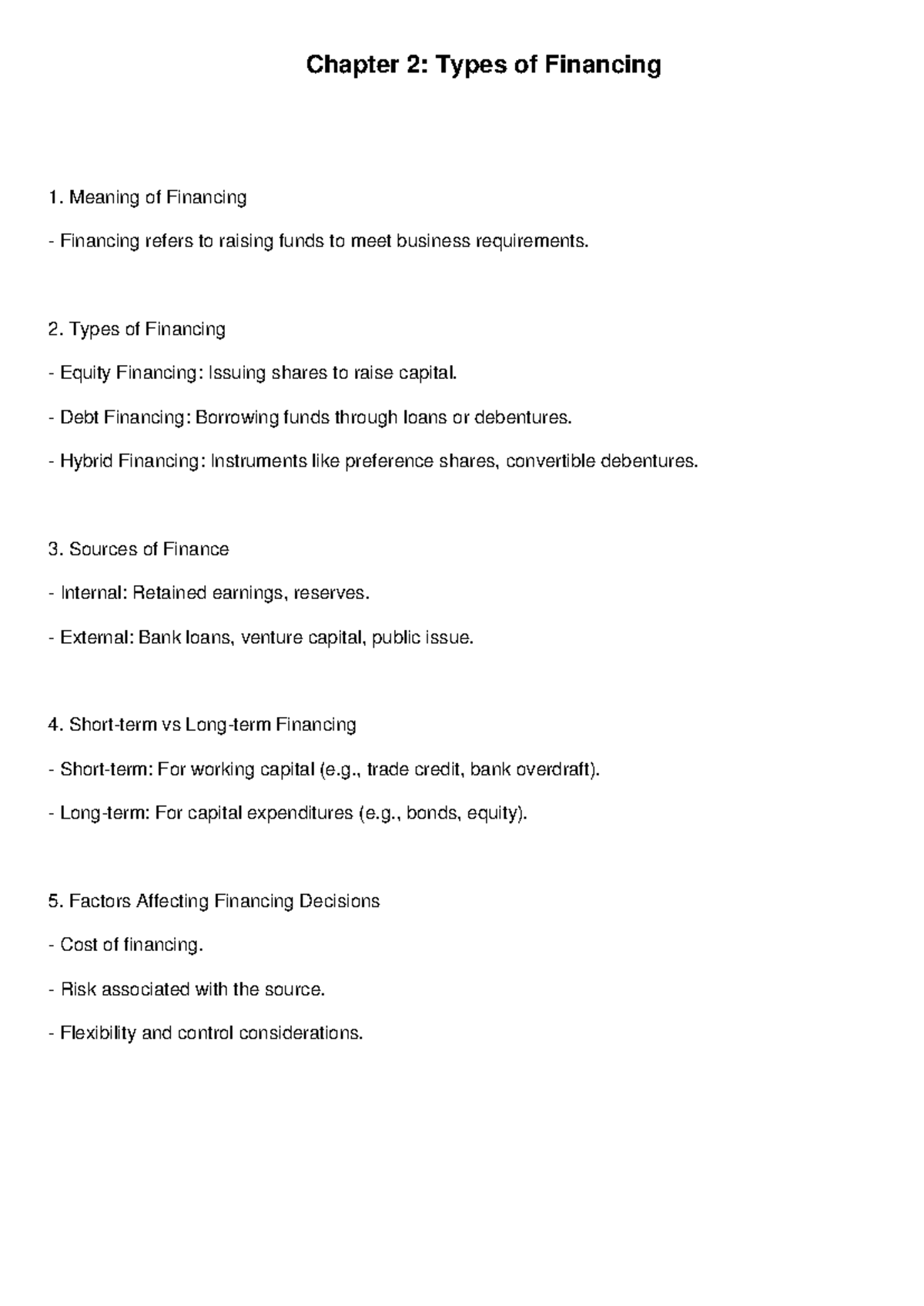 CA Foundation SFM Chapter 2 Summary - Chapter 2: Types of Financing ...