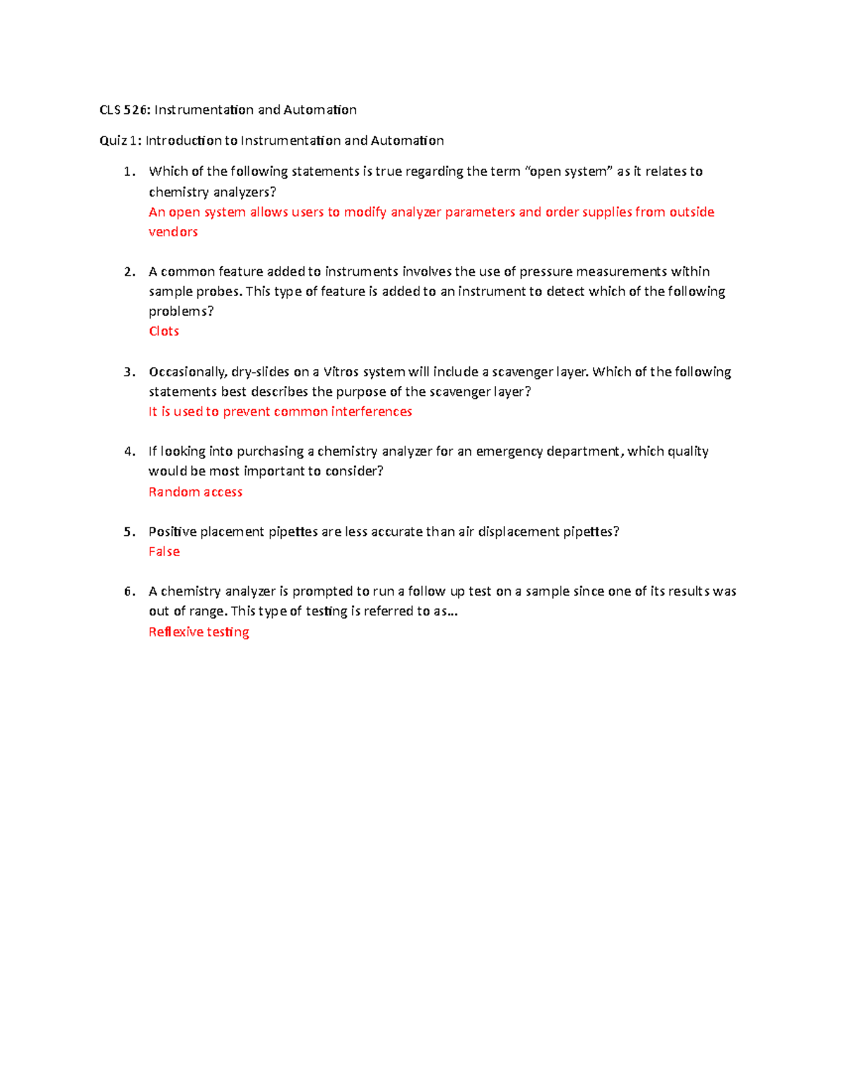 CLS 526 Quiz 1: Introduction to Instrumentation and Automation - CLS ...
