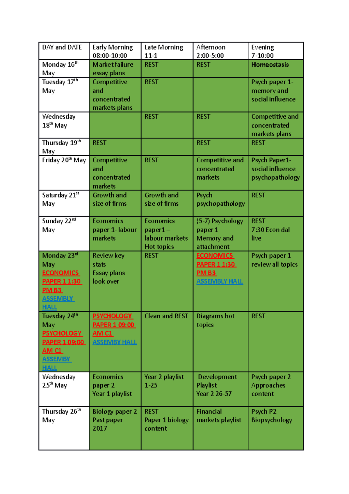 A Levels REV Timetable - DAY and DATE Early Morning 08:00-10: Late ...