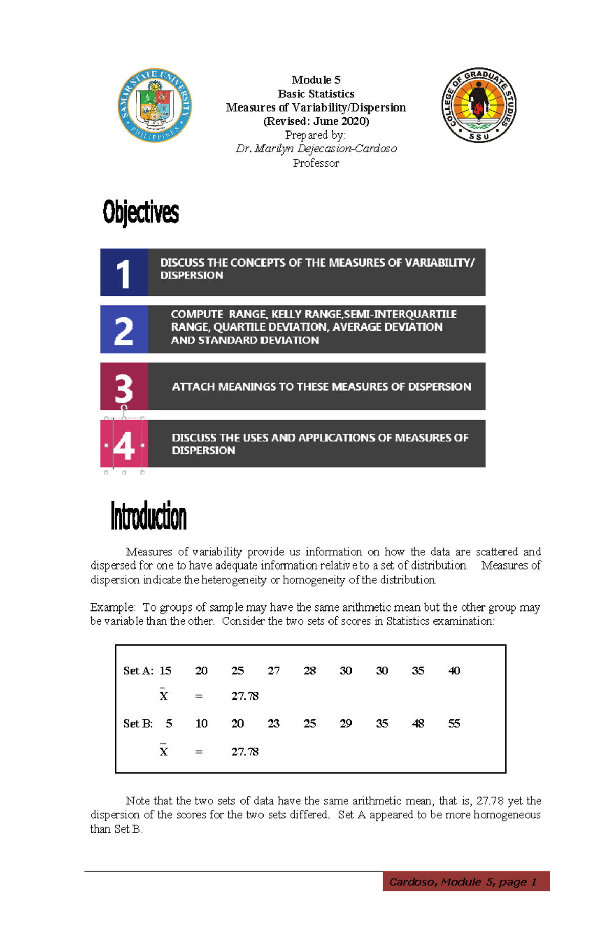 Stat5 2020 - Module 5 Basic Statistics Measures of Variability/Dispersion (Revised: June 2020 ...