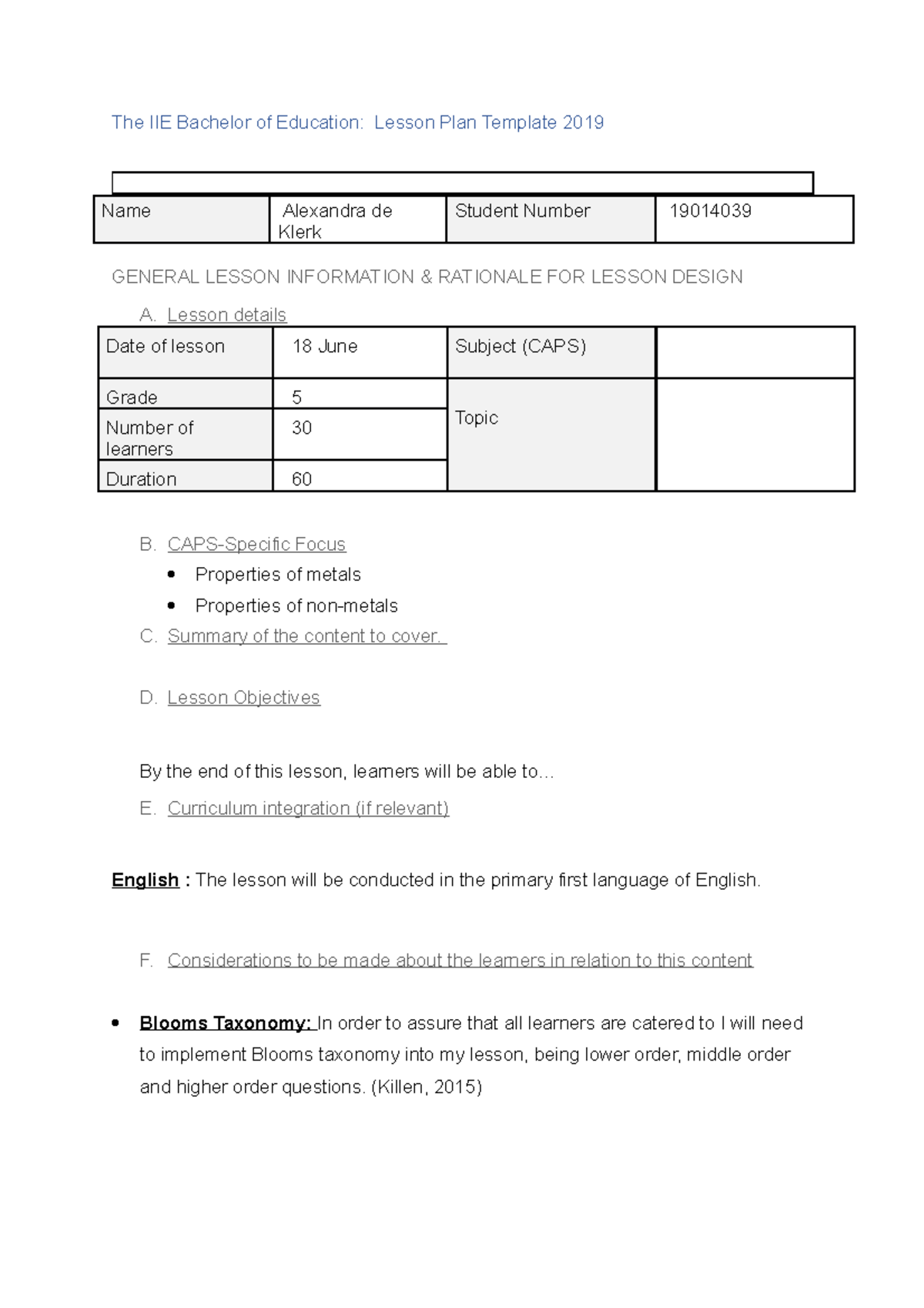 NST 1 Assignment 2021 - The IIE Bachelor of Education: Lesson Plan ...