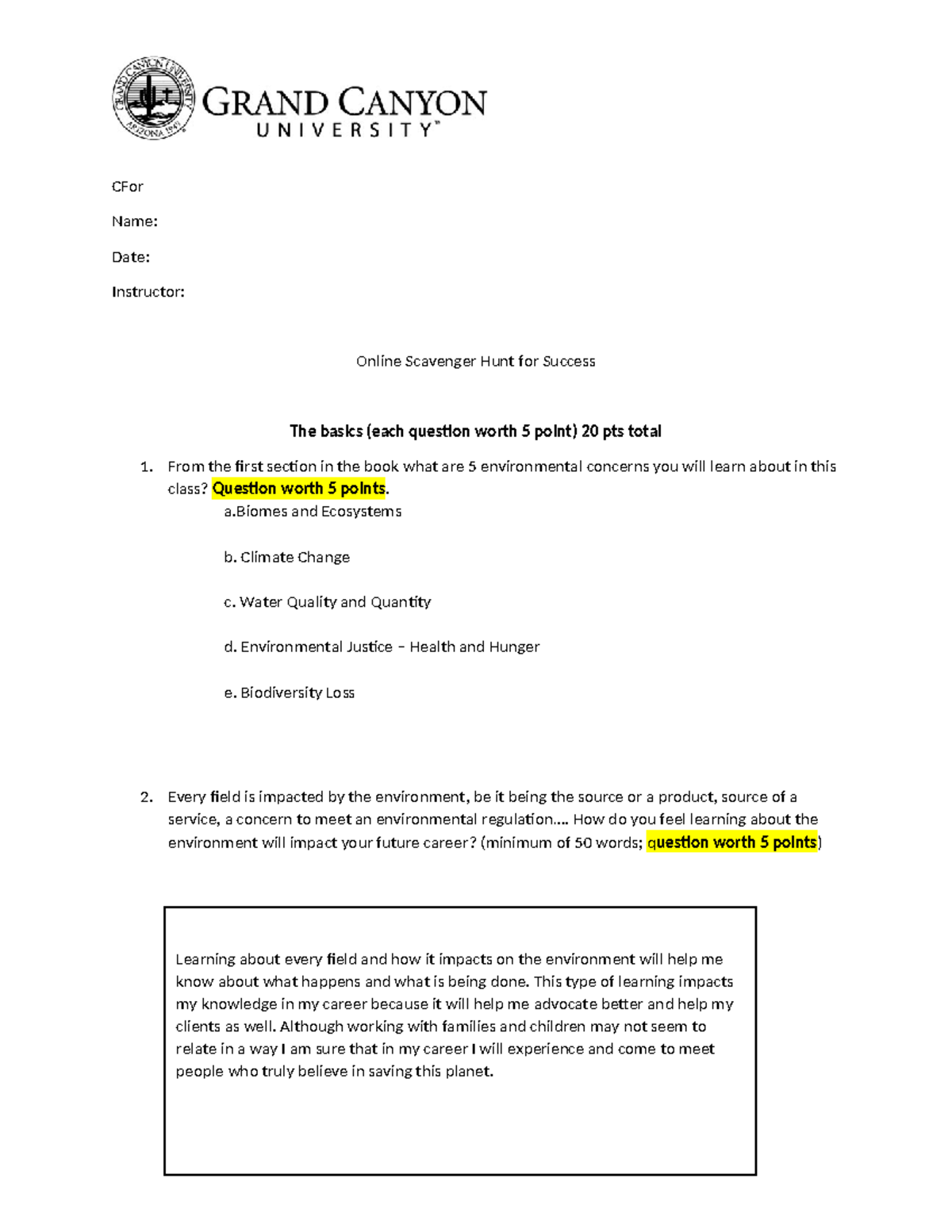 Scav Hunt - bio/ecosystem - CFor Name: Date: Instructor: Online ...