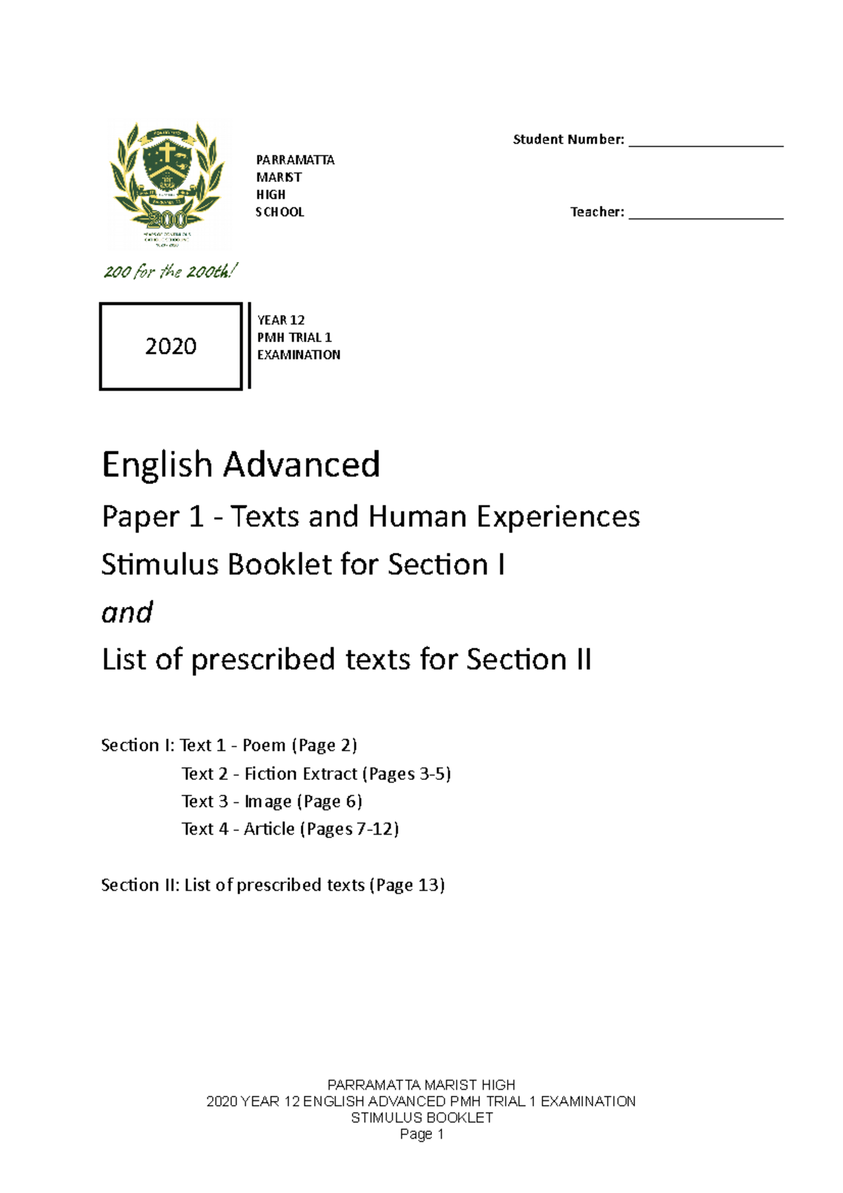 PMH Trial 2020 Stimulus Booklet Advanced Engli - PARRAMATTA MARIST HIGH ...