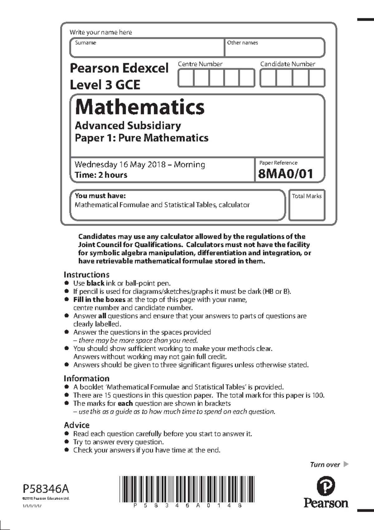 Maths Paper 1 2018 - Centre Number Candidate Number Write your name ...