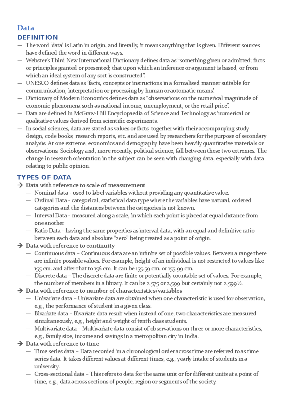 Stats Theory - notes - Data DEFINITION ― The word ‘data’ is Latin in ...